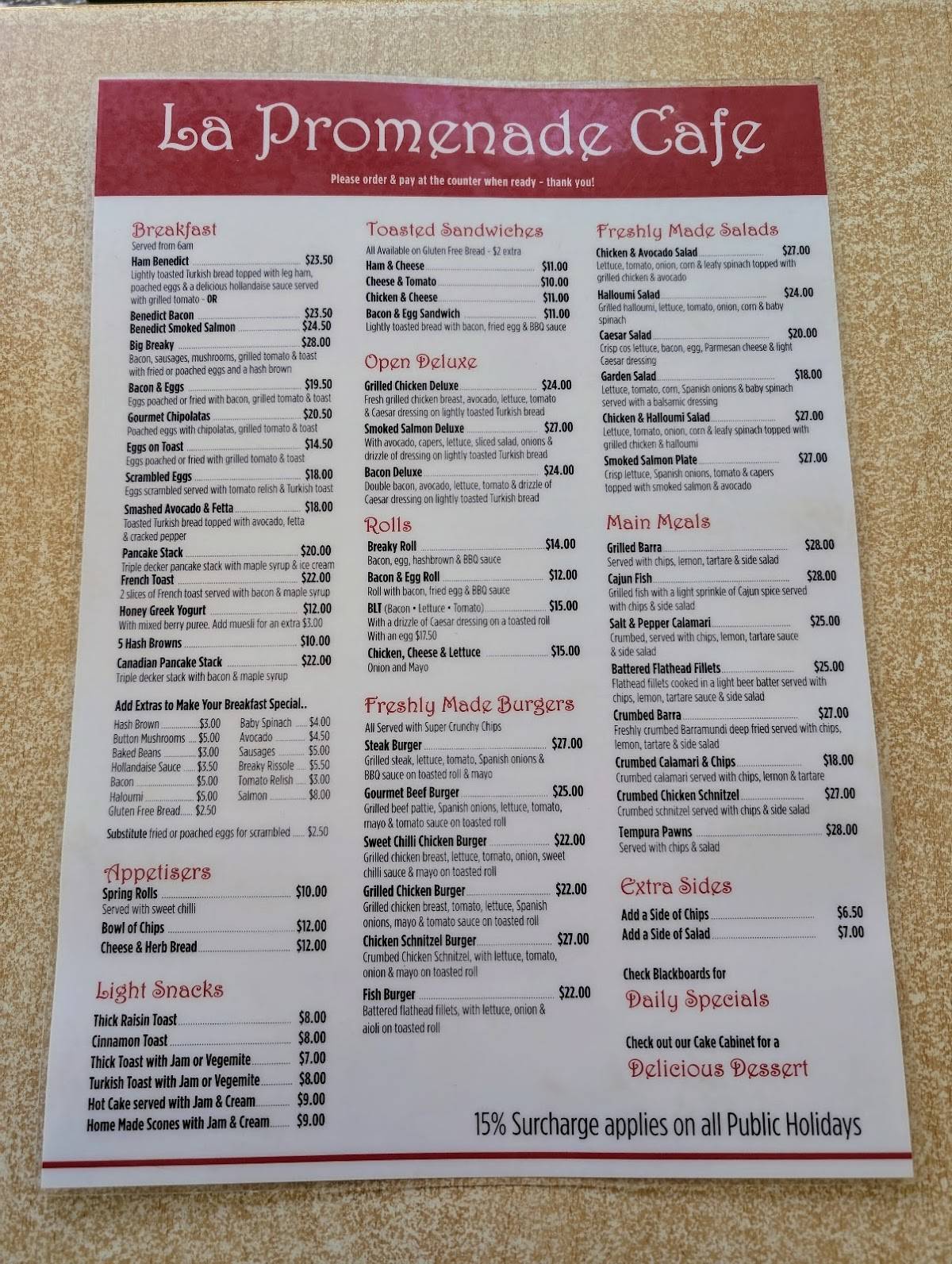 Menu at La Promenade Cafe, Caloundra