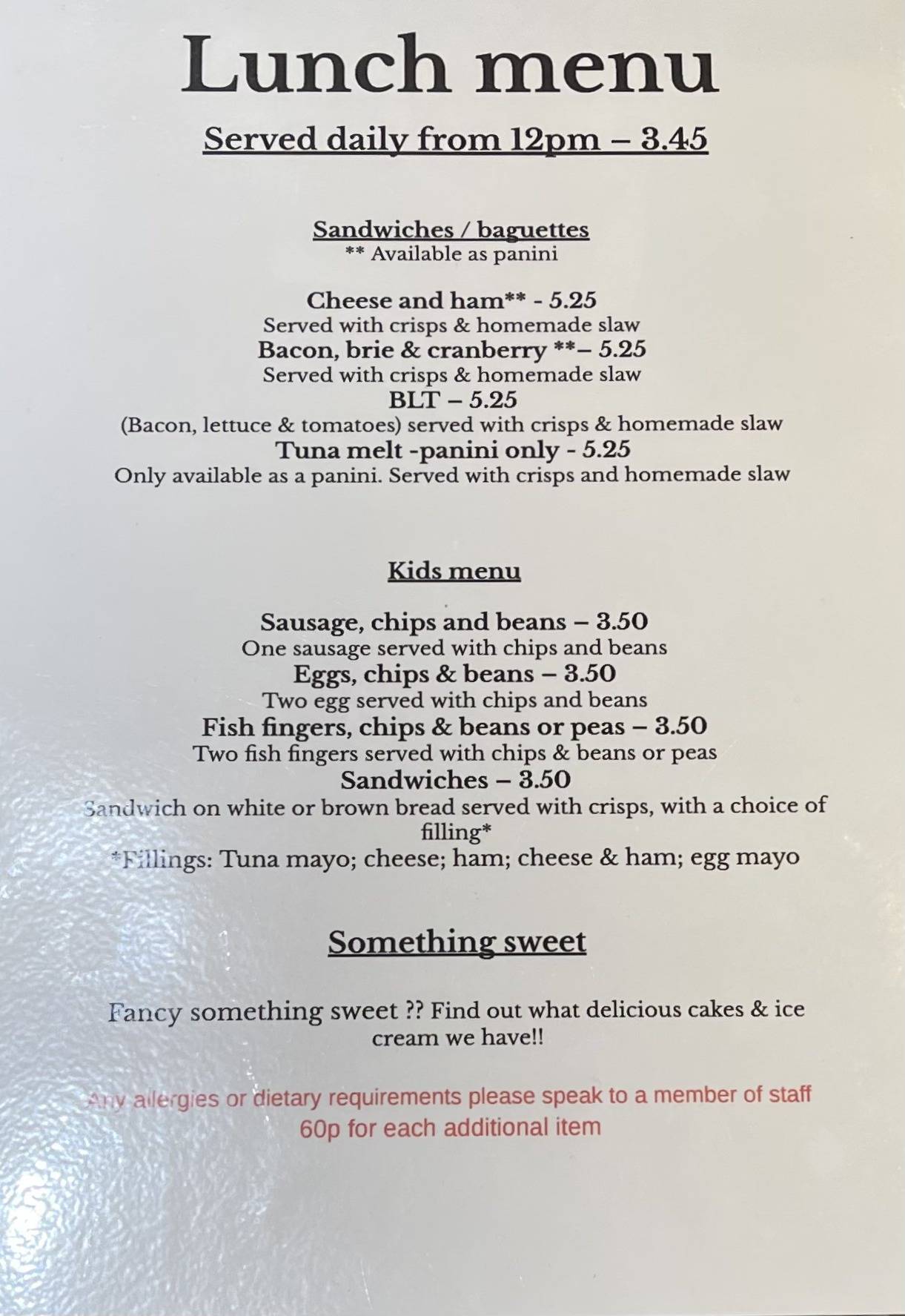 Menu at Lazy Lizard Cafe, Liphook