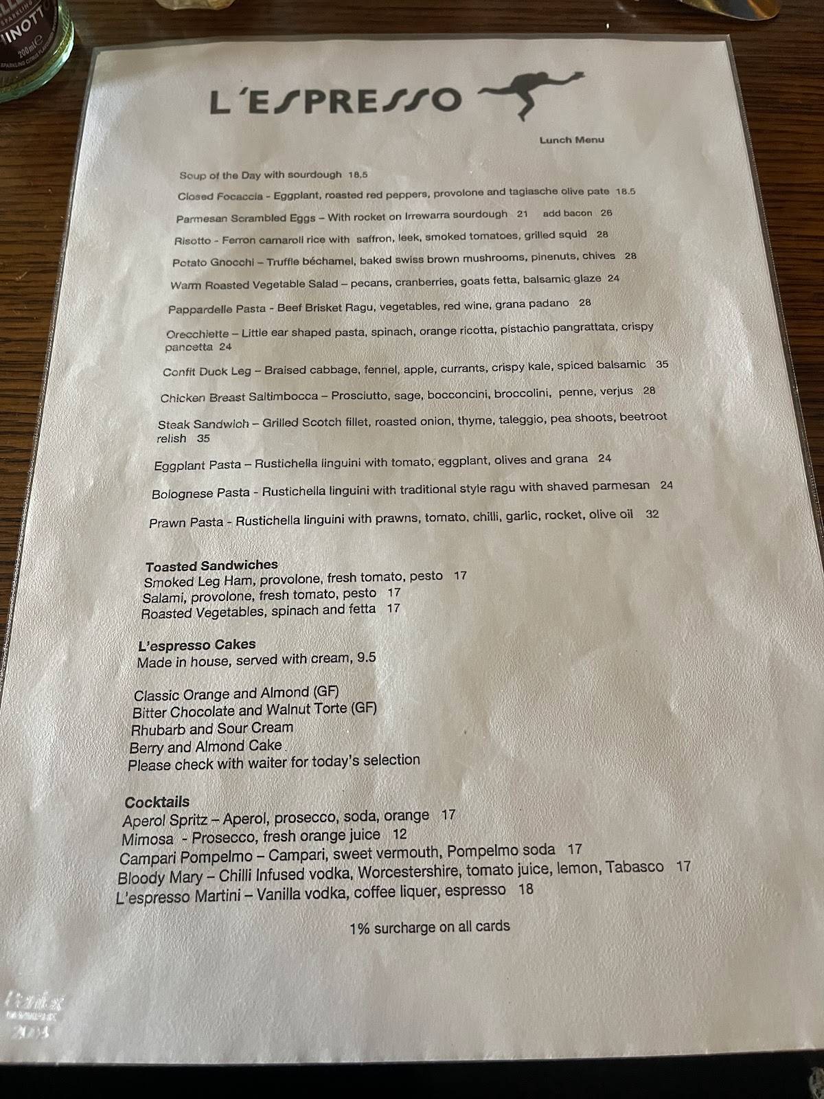 Menu at L'espresso cafe, Ballarat Central