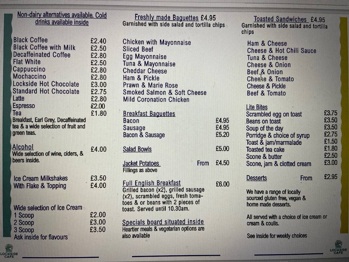 Menu at Lockside Cafe, Whitchurch