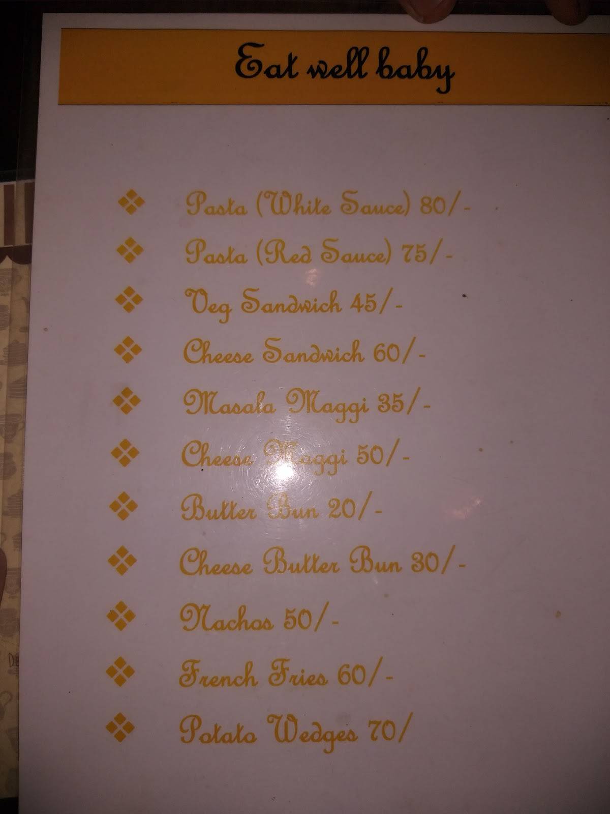 Menu at Manish coffee shop, Bhopal