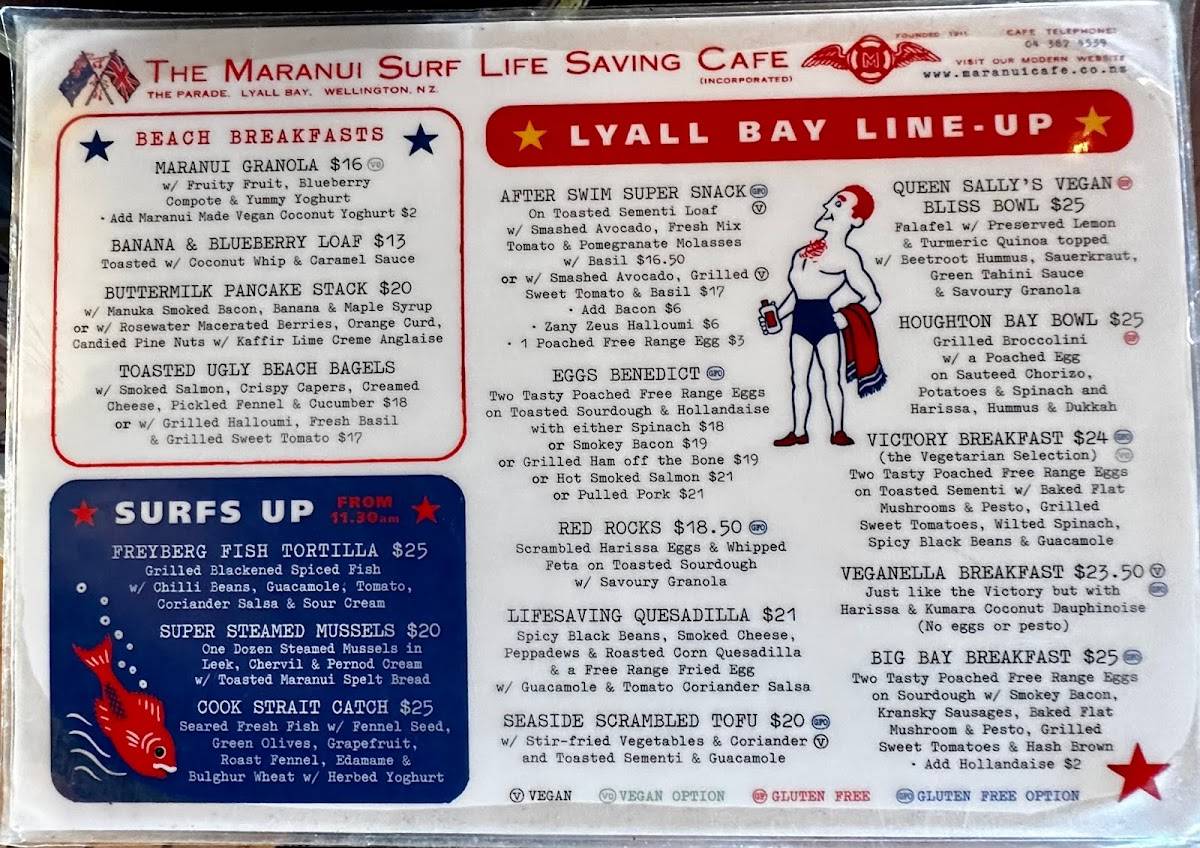 Menu at Maranui Cafe, Wellington