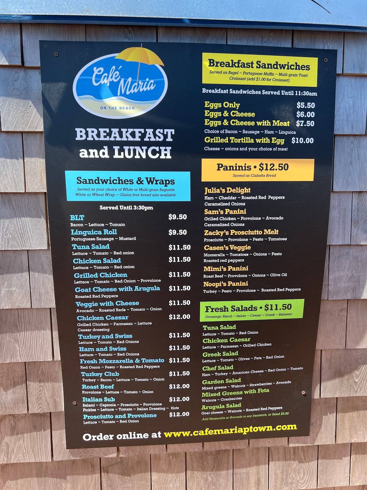 Menu at Cafe Maria, Provincetown