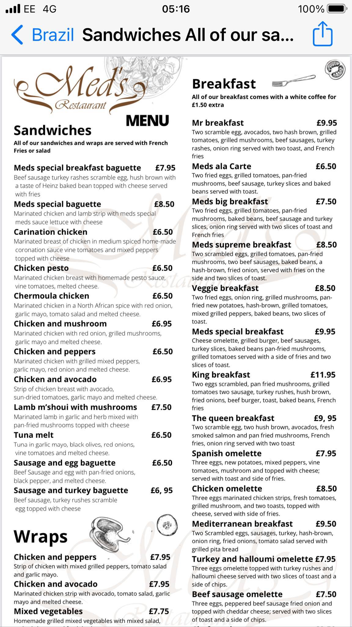 Menu at Med's Cafe, London, 37 Burdett Rd