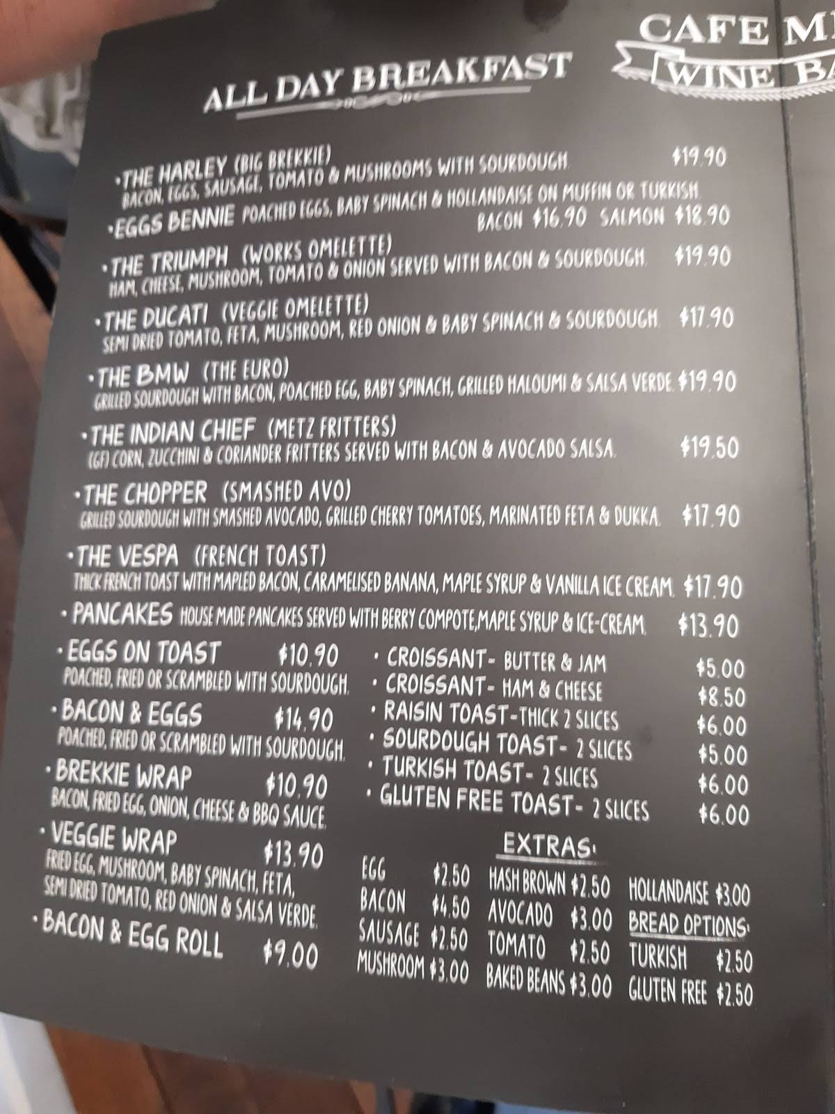 Menu at Cafe Metz, Canungra