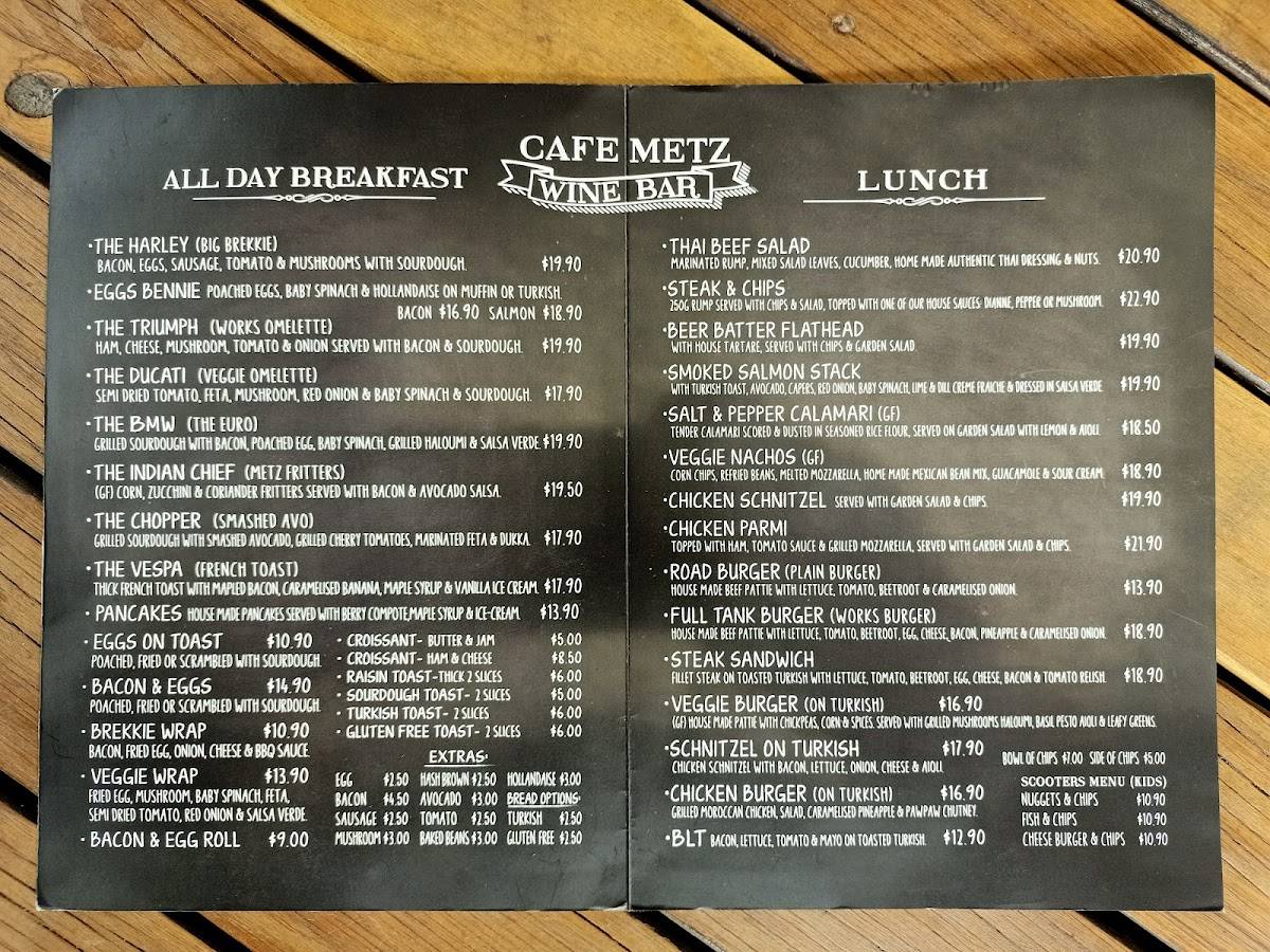 Menu at Cafe Metz, Canungra