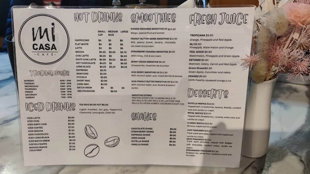 Menu at Mi Casa Cafè cafe, South Brisbane