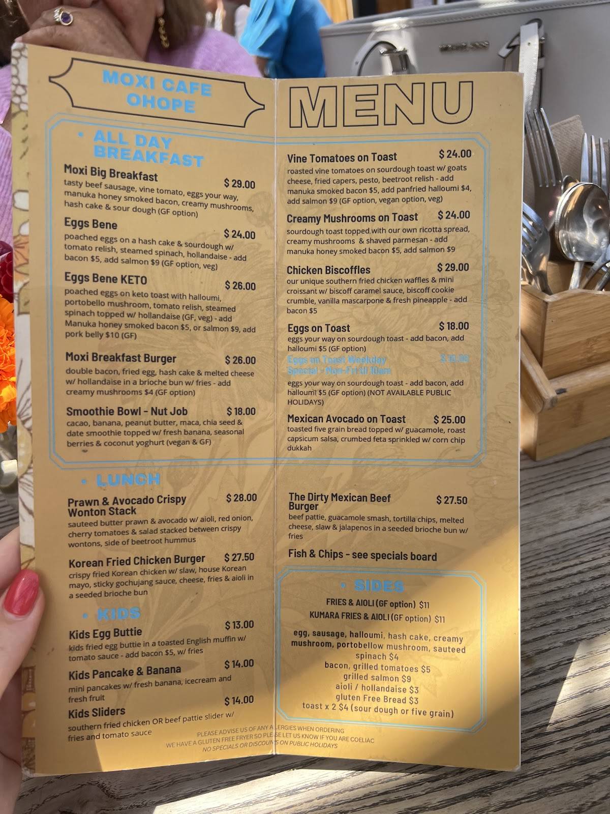 Menu at Moxi Cafe, Ohope