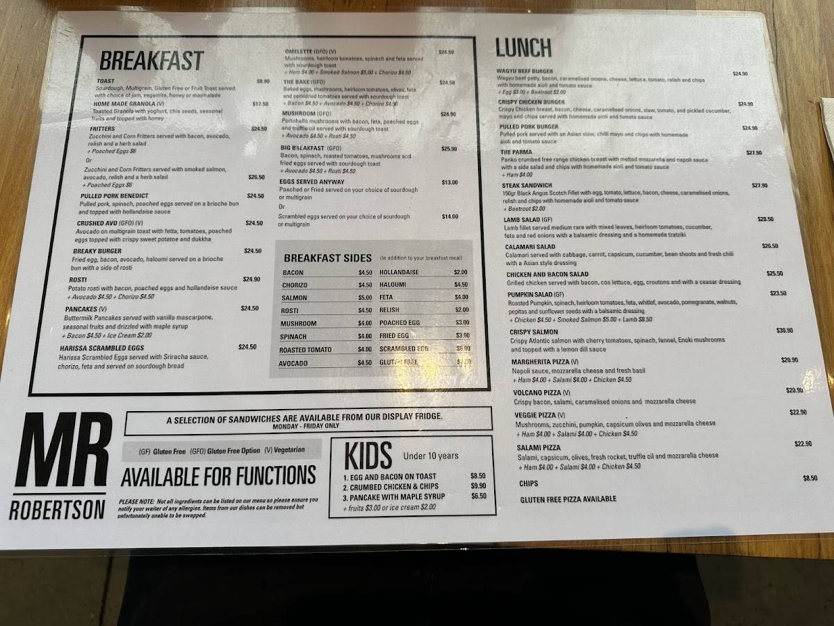 Menu at Mr Robertson Cafe, Nunawading