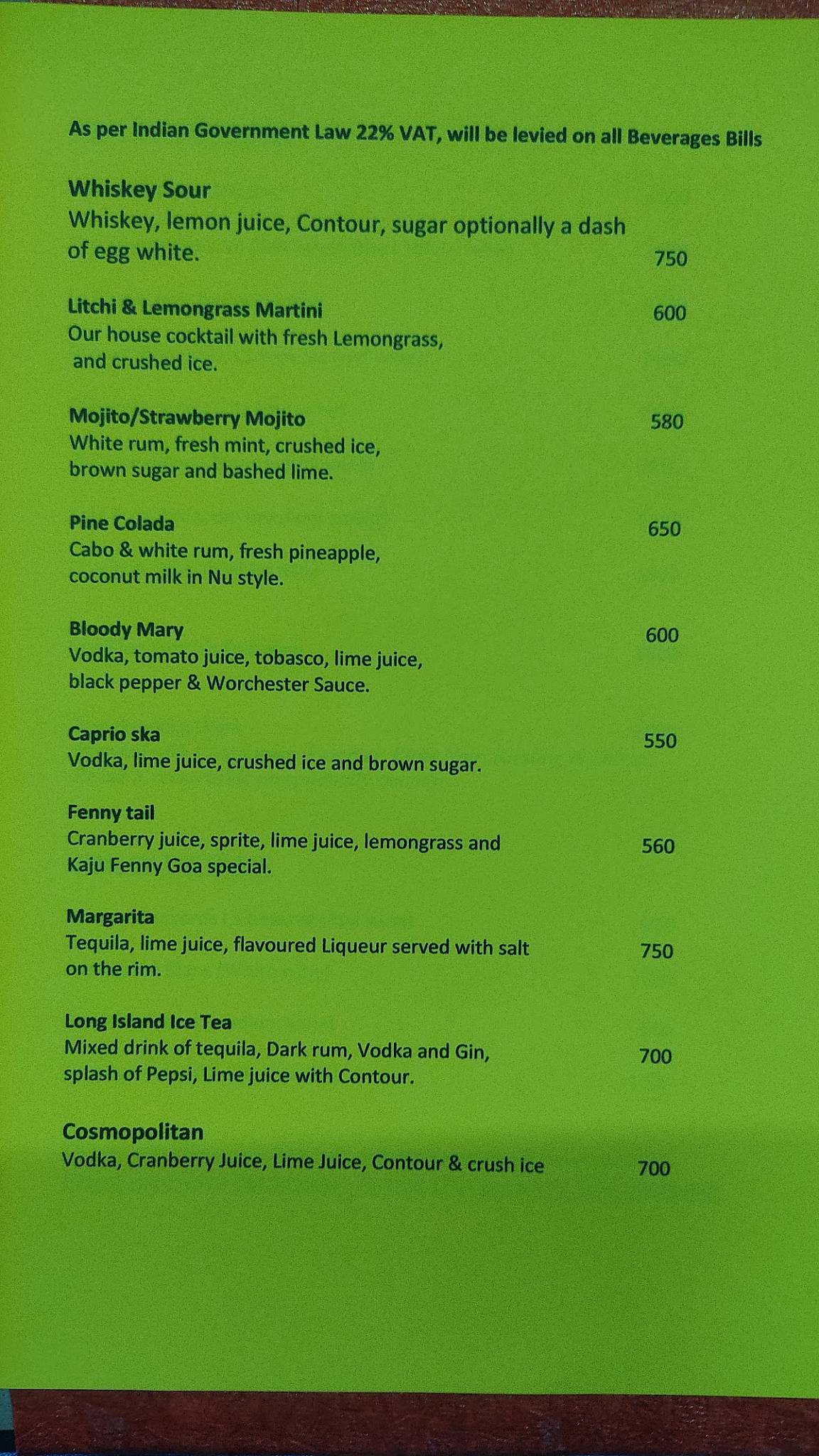 Menu at Cafe NU, Mandrem
