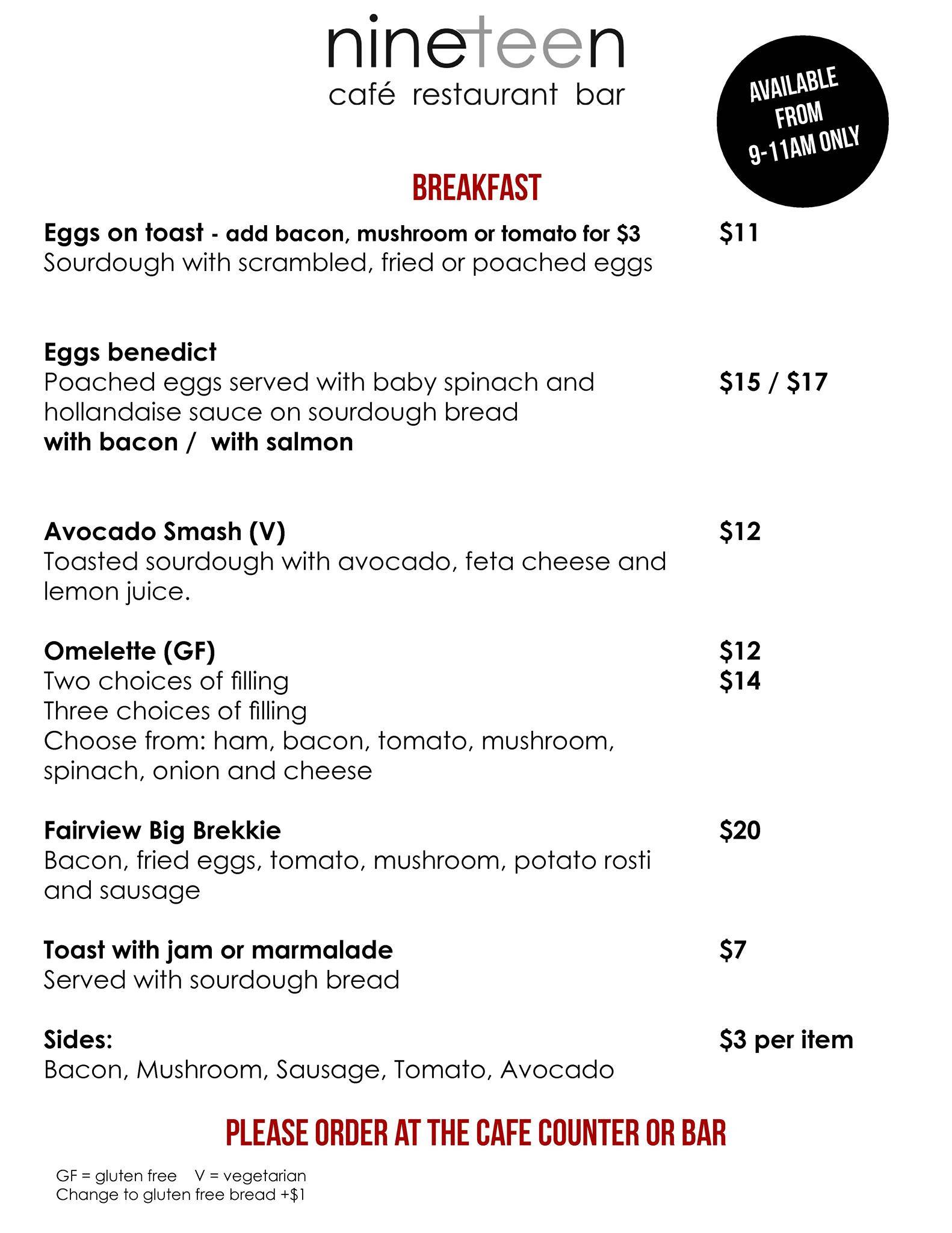 Menu at Cafe Nineteen, Katikati