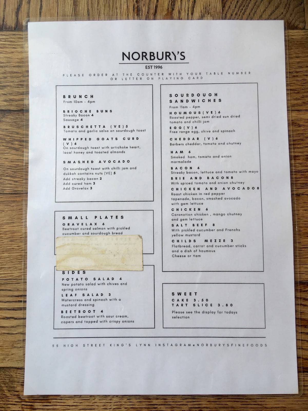 Menu at Norbury's cafe, King's Lynn