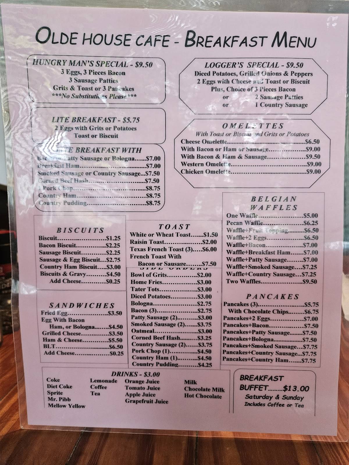 Menu at Olde House Cafe, Walterboro