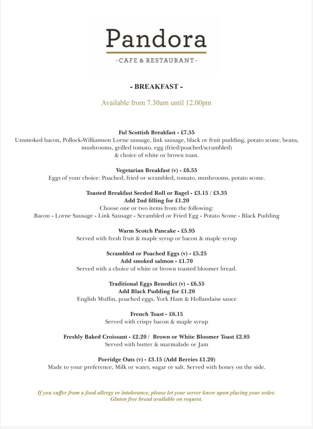 Menu at Pandora cafe, Ayr