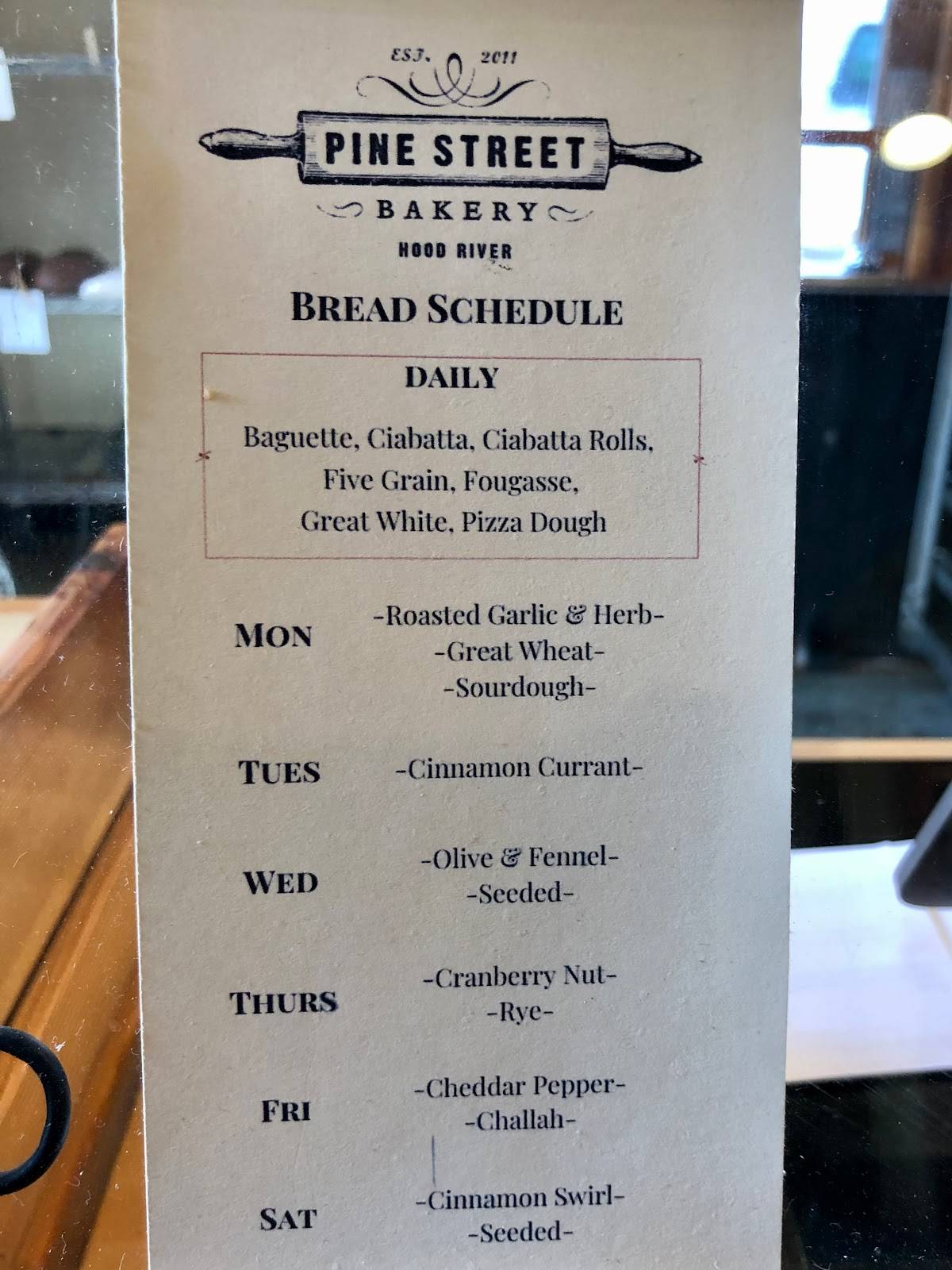 Menu at Pine Street Bakery, Hood River