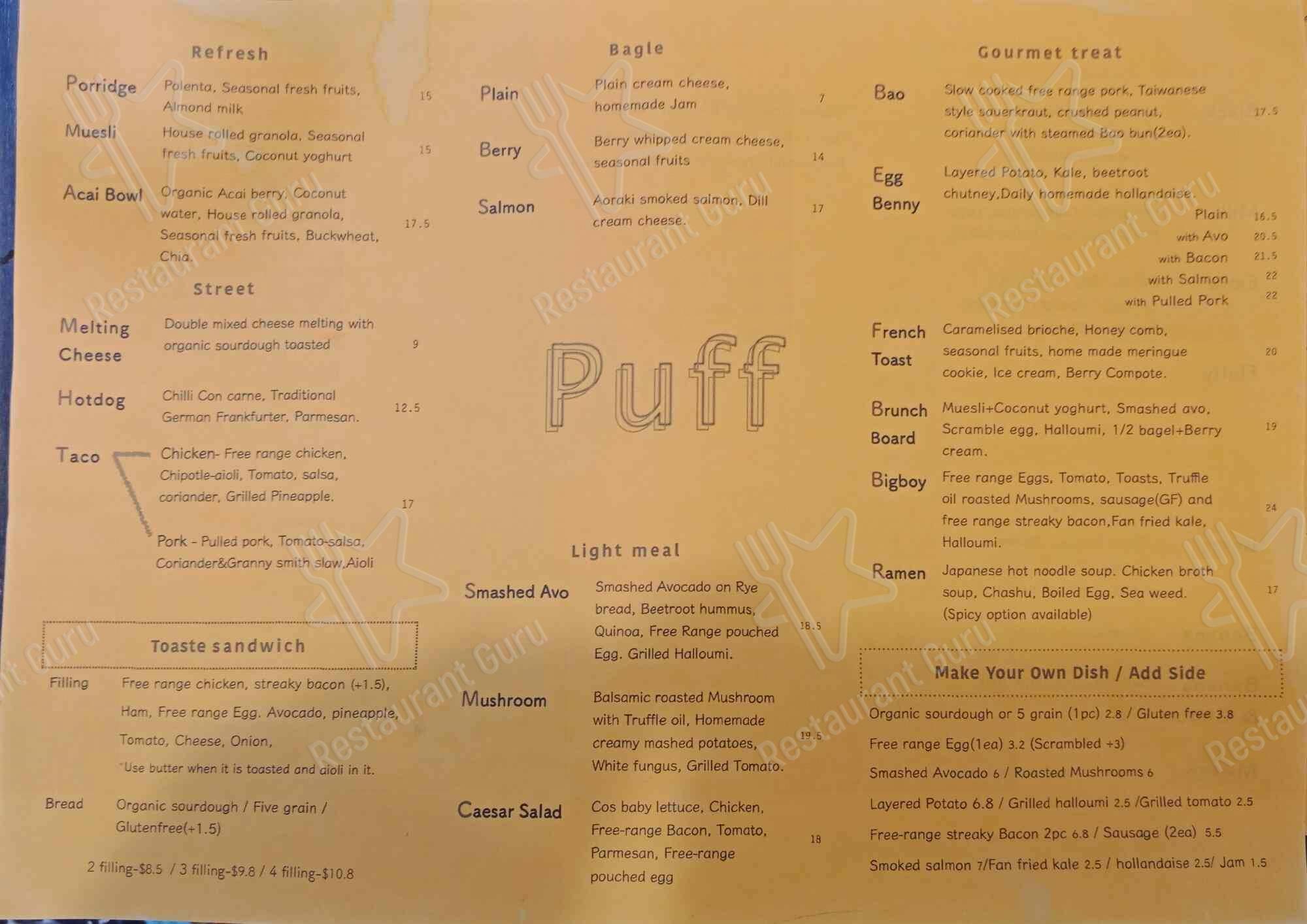 Menu at Puff Cafe, Orewa