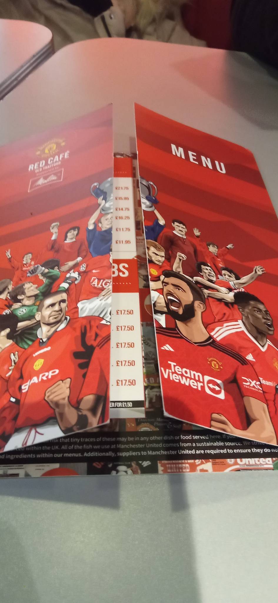 Menu at Red Café at Old Trafford cafe, Manchester, Stadium