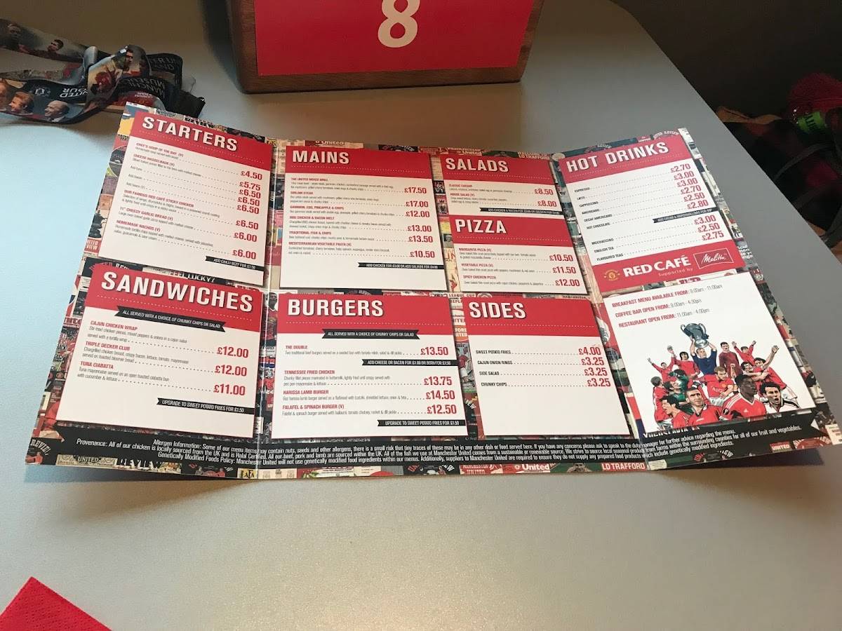 Menu at Red Café at Old Trafford cafe, Manchester, Stadium