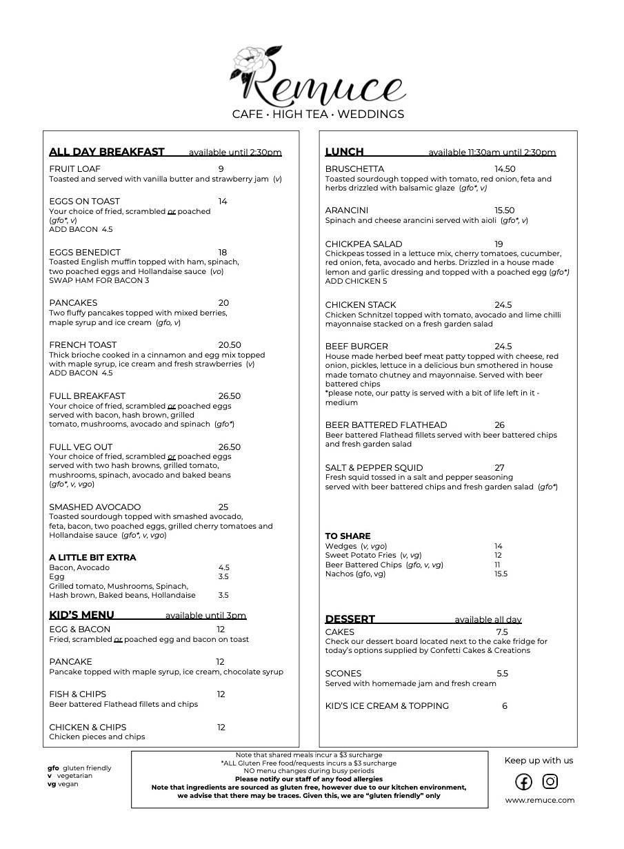 Menu at Remuce Cafe, Bittern