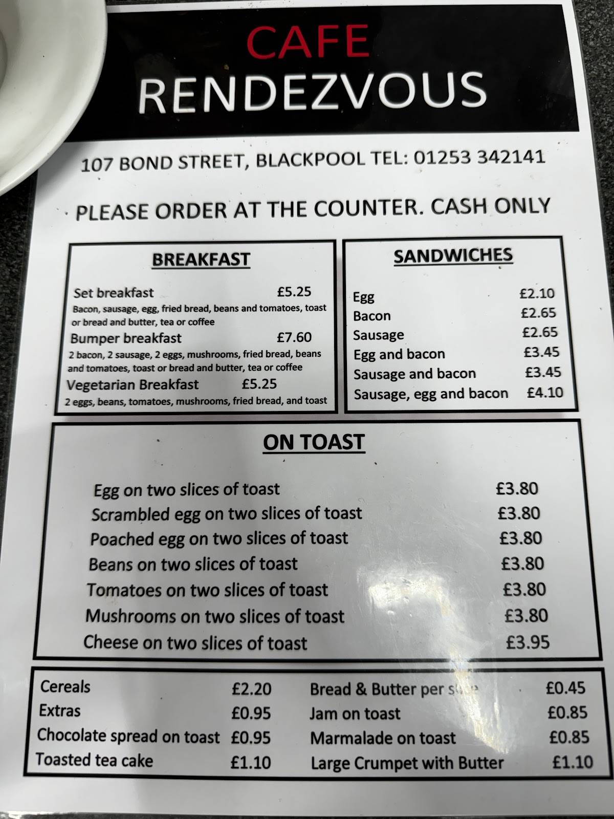 Menu at Café Rendezvous cafe, Blackpool