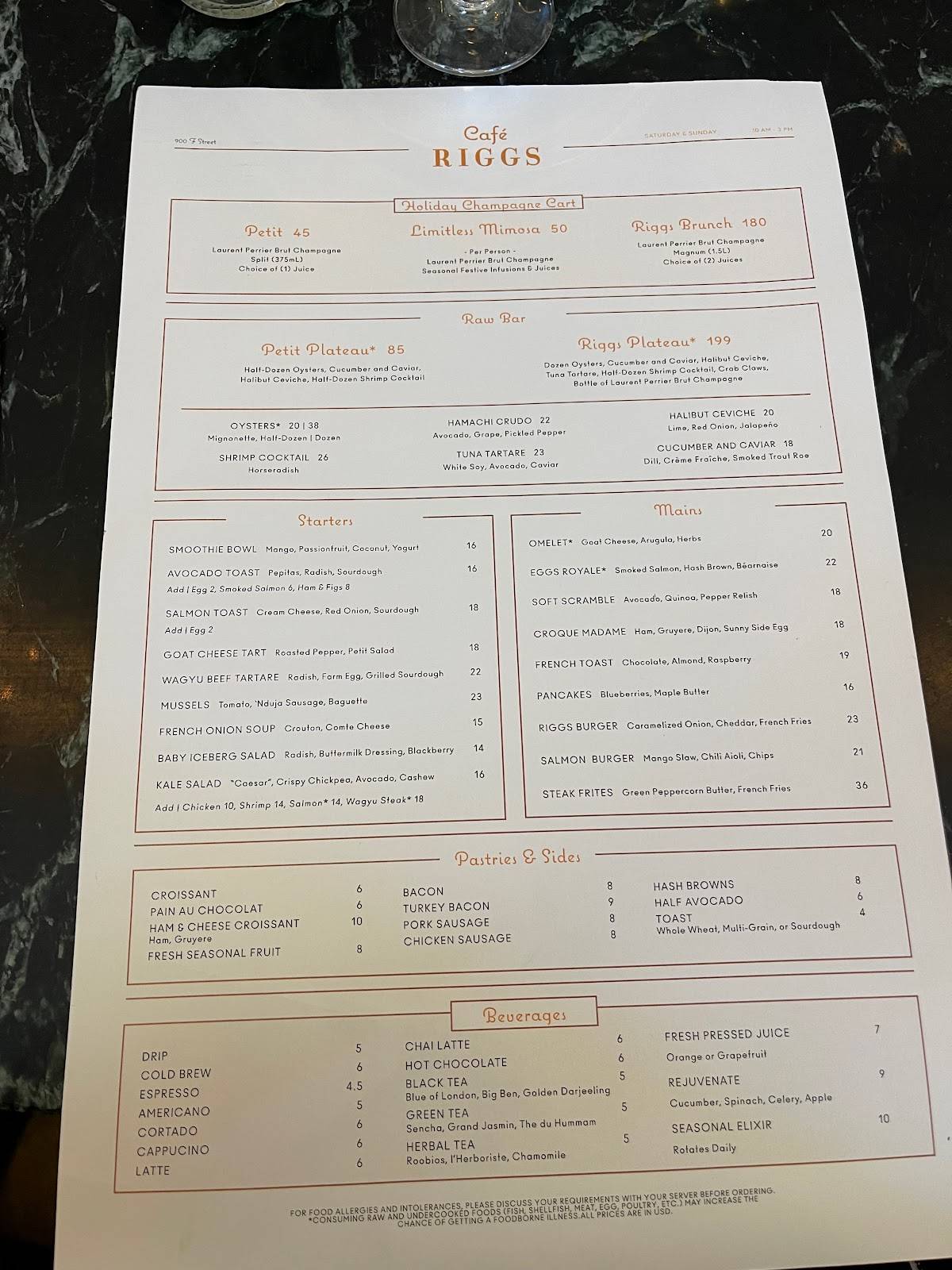 Menu at Café Riggs restaurant, Washington