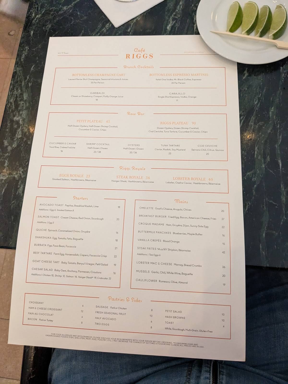 Menu at Café Riggs restaurant, Washington