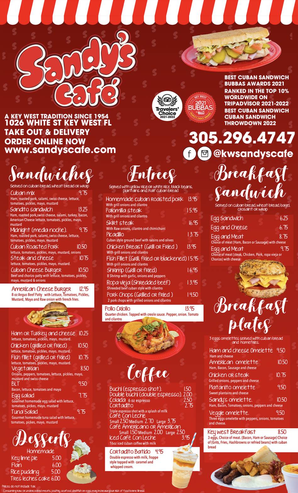 Menu at Sandy's Café cafe, Key West, White St