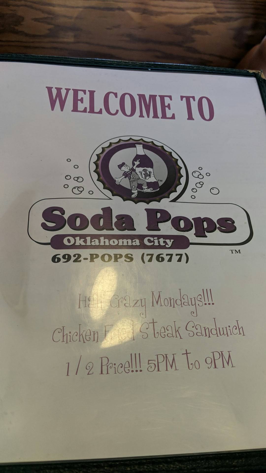 Menu at Soda Pop's #1 cafe, Oklahoma City