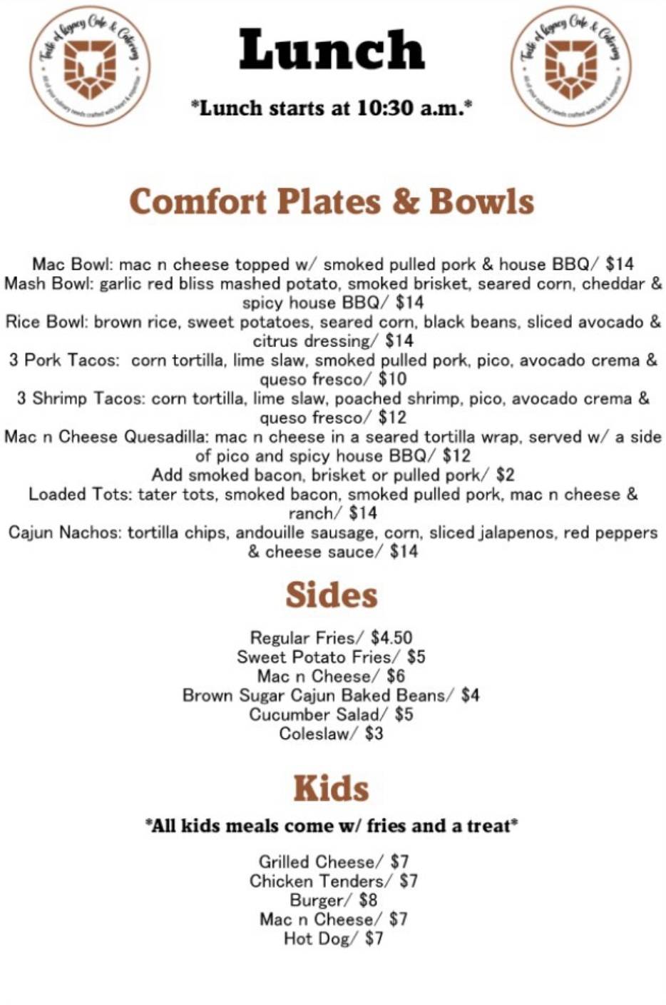 Menu at Taste of Legacy Cafe & Catering, Laconia