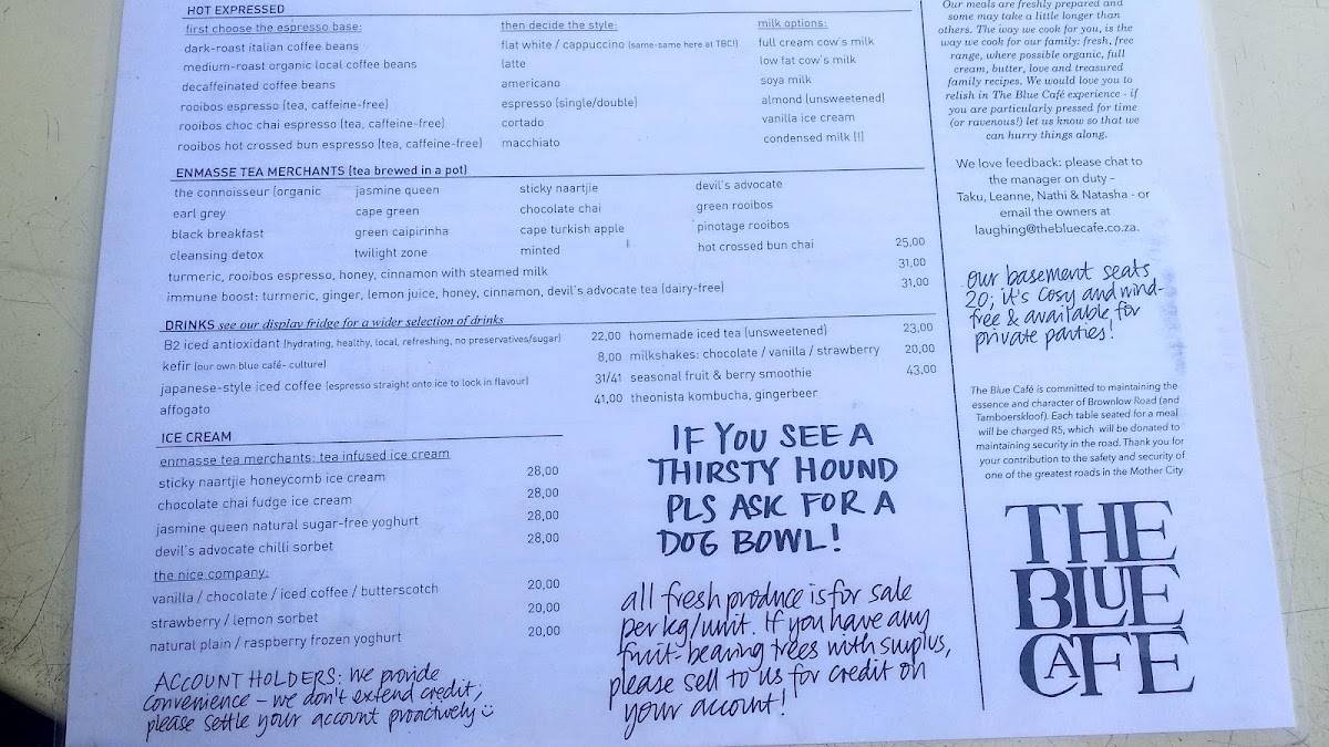 Menu at The Blue Cafe, Cape Town