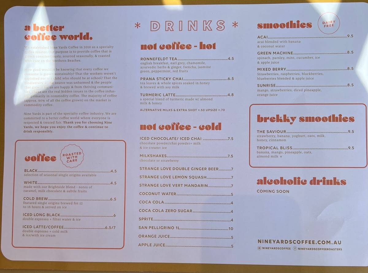 Menu at The Brightside Cafe, Mona Vale
