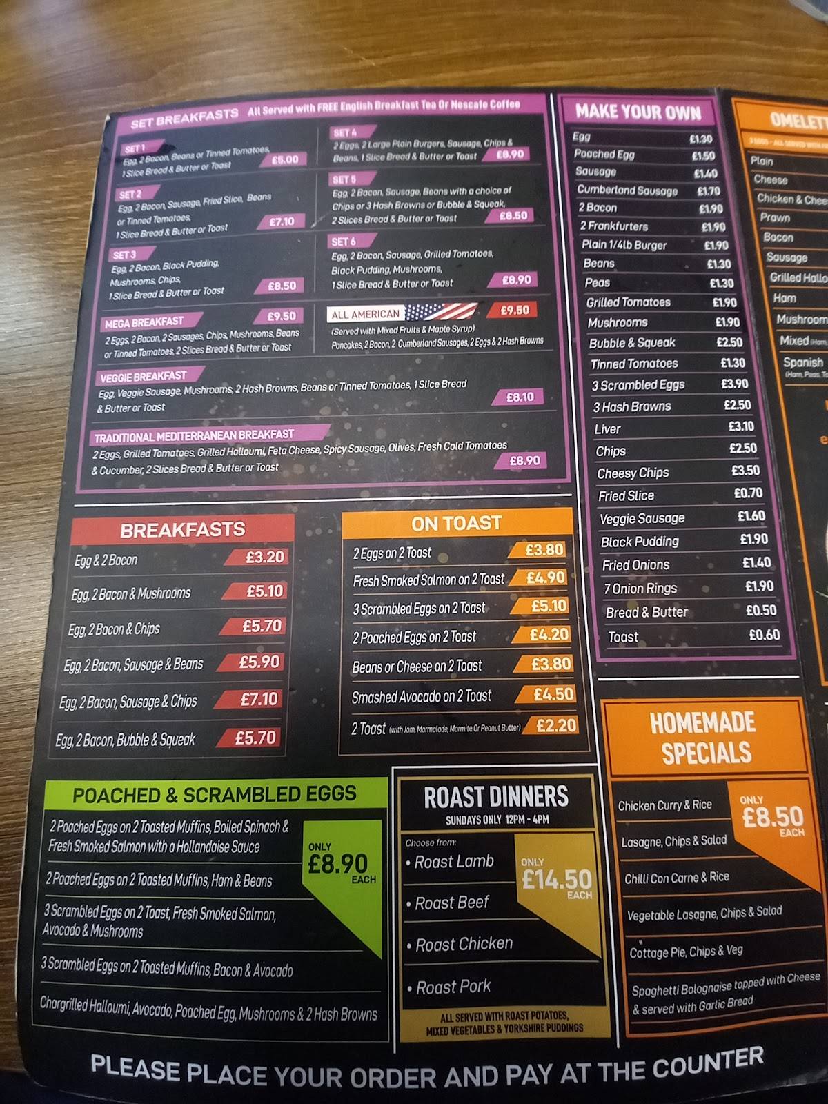 Menu at The Bubble & Sausage cafe, London