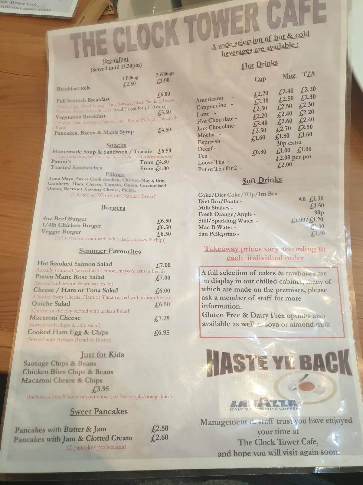 Menu at The Clock Tower Cafe, Anstruther