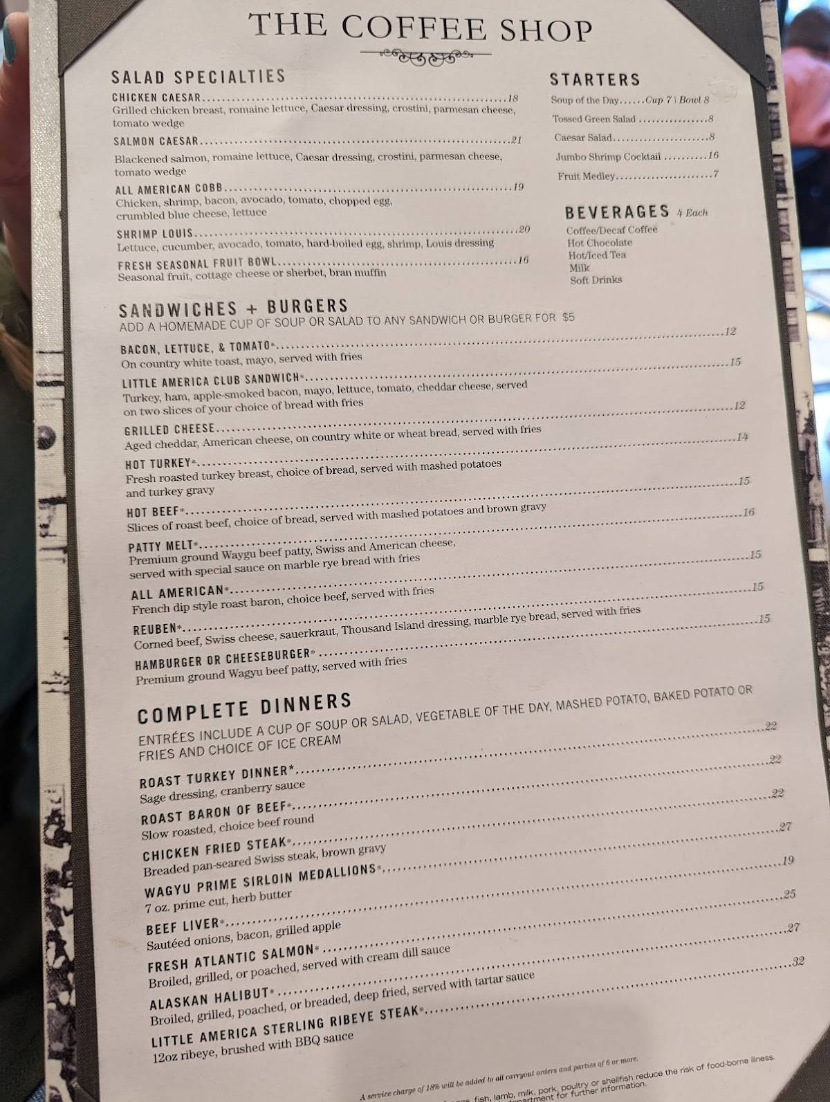 Menu at The Coffee Shop at Little America Hotel restaurant, Salt Lake City