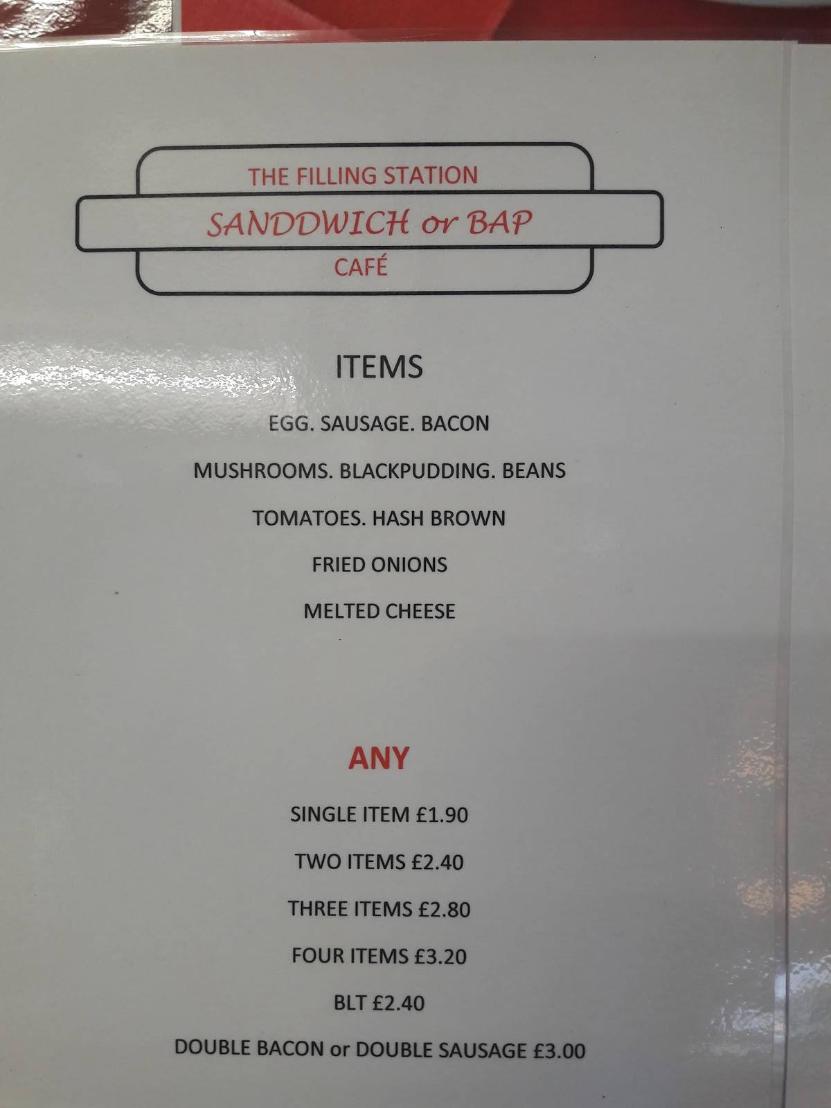 Menu at The Filling Station cafe, Malvern