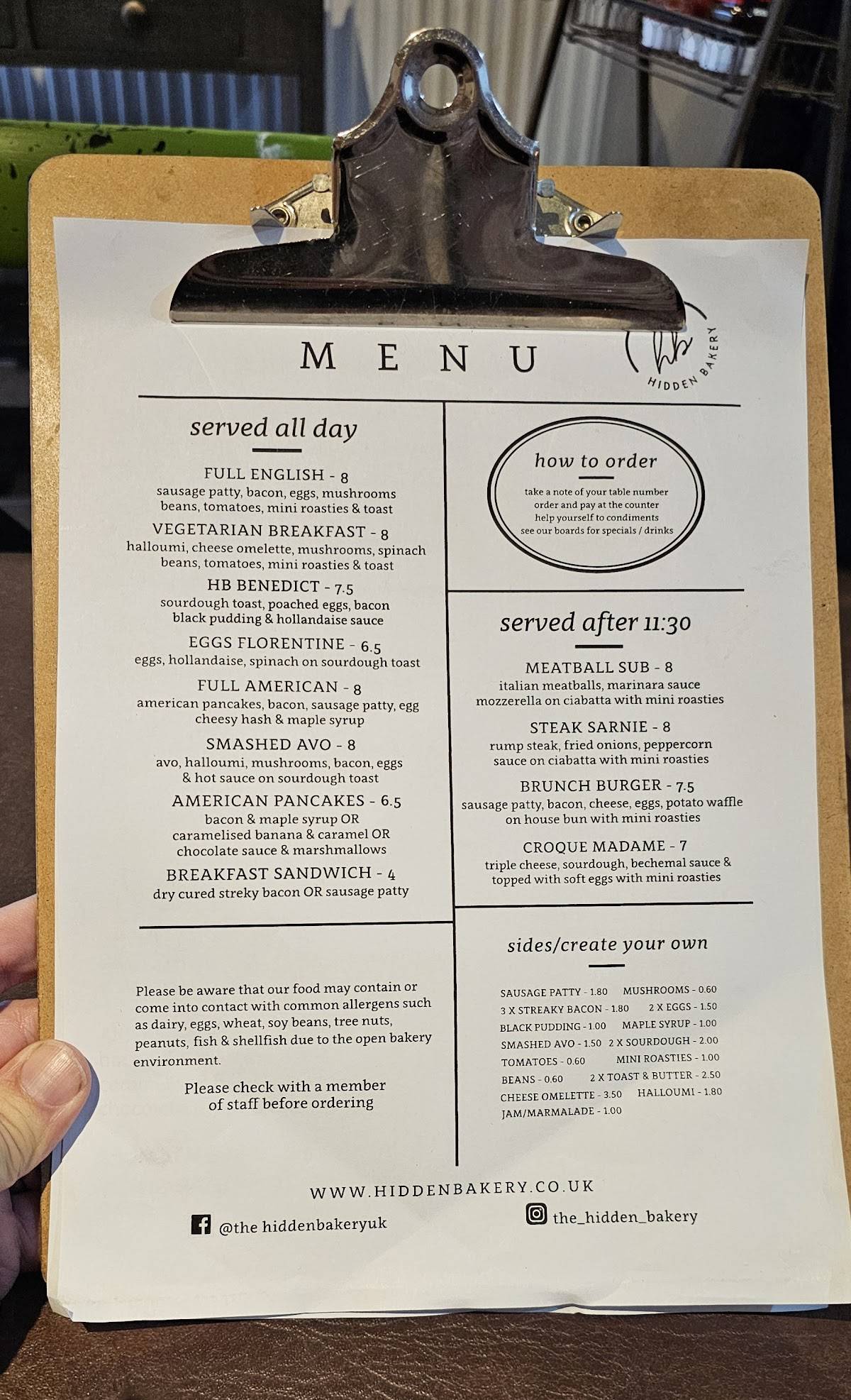 Menu at The Hidden Bakery- coffeeshop & cafe, Nottingham