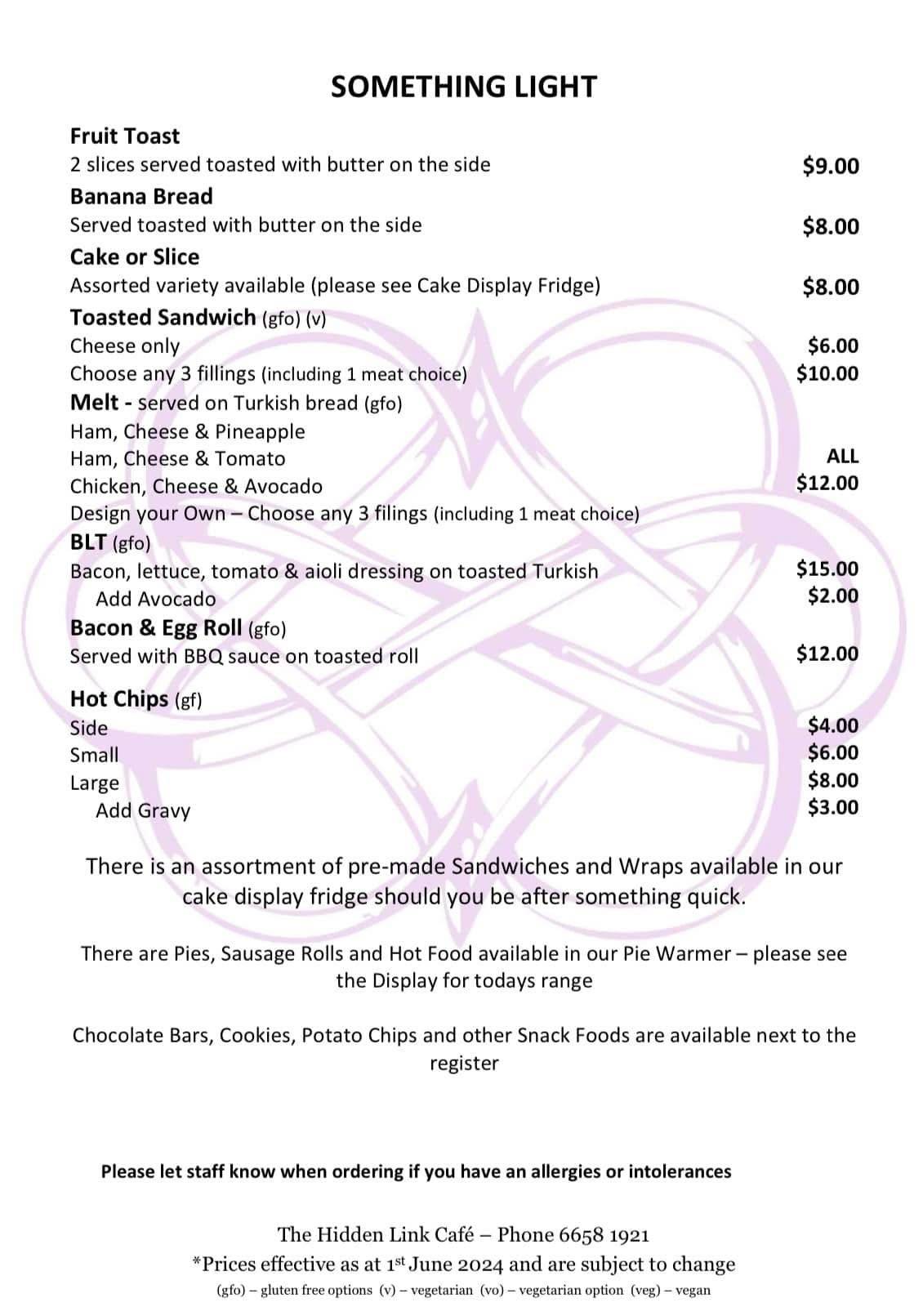 Menu at The Hidden Link Cafe, Coffs Harbour