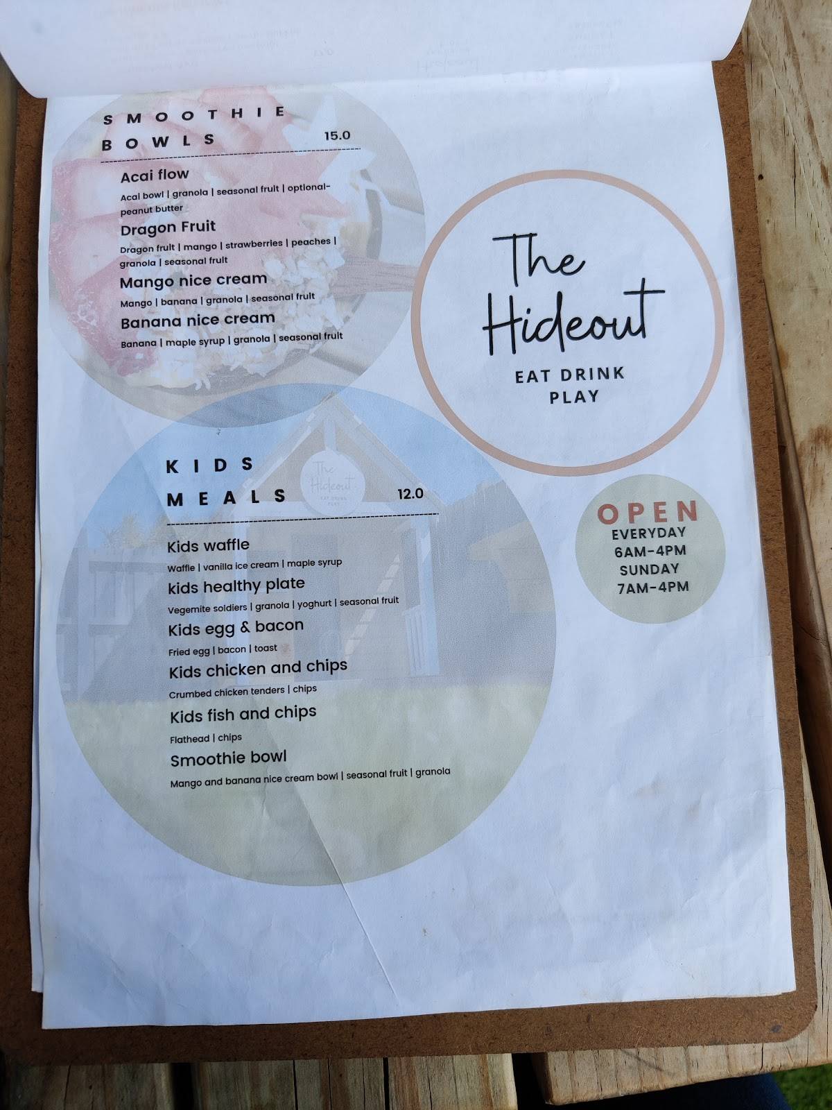 Menu at The Hideout Eat Drink Play cafe, Rosebud