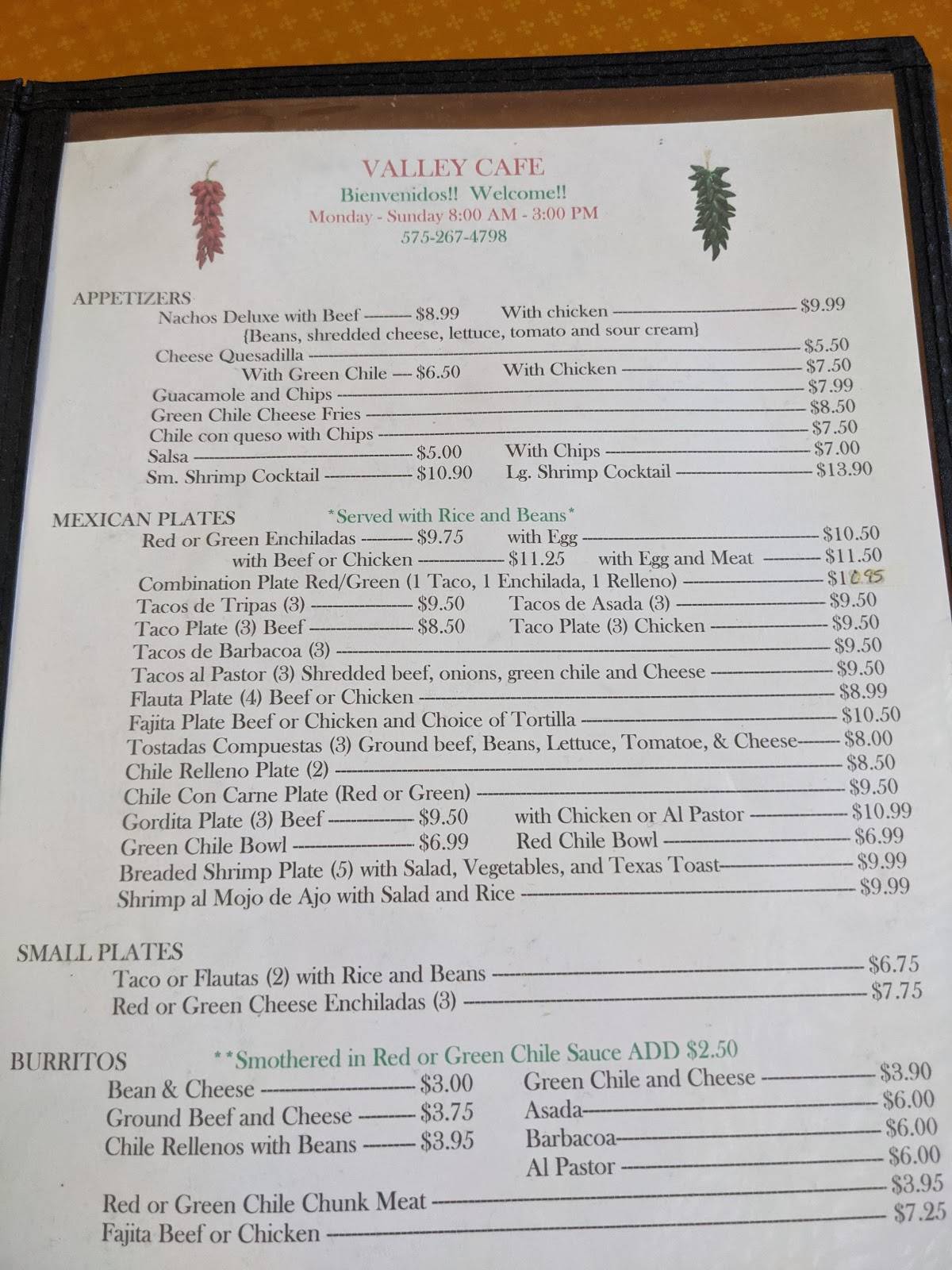 Menu at Valley Cafe, Hatch
