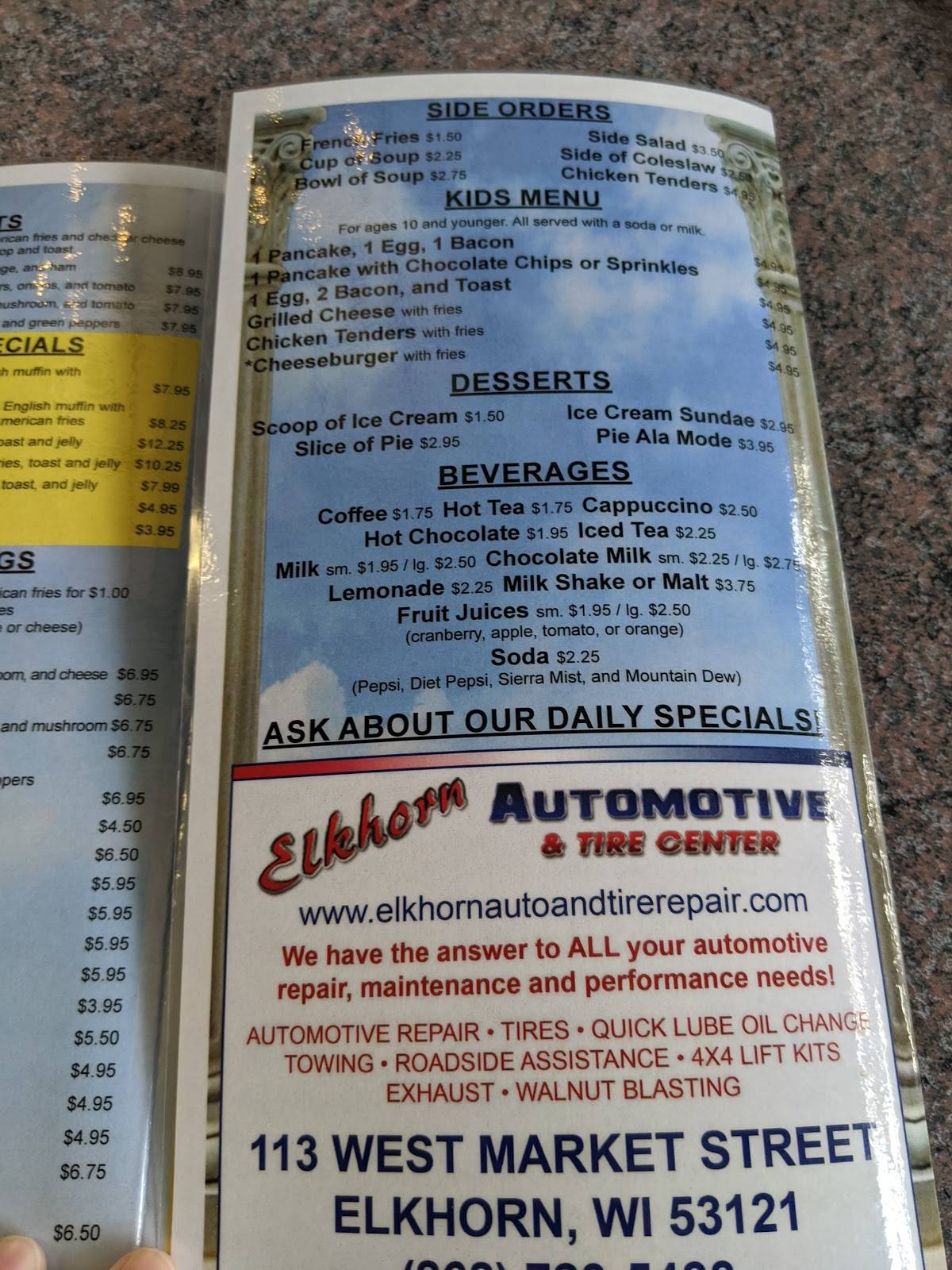 Menu at Vasili's Corner Cafe, Elkhorn