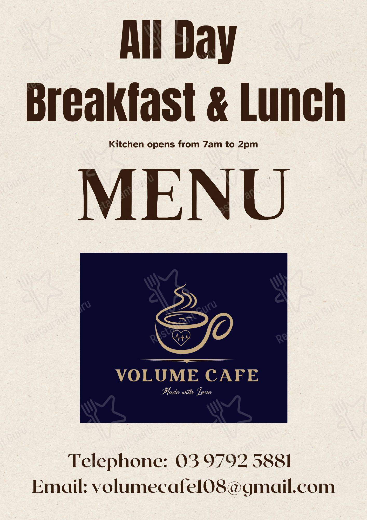 Menu at Volume Cafe-Dandenong, Dandenong