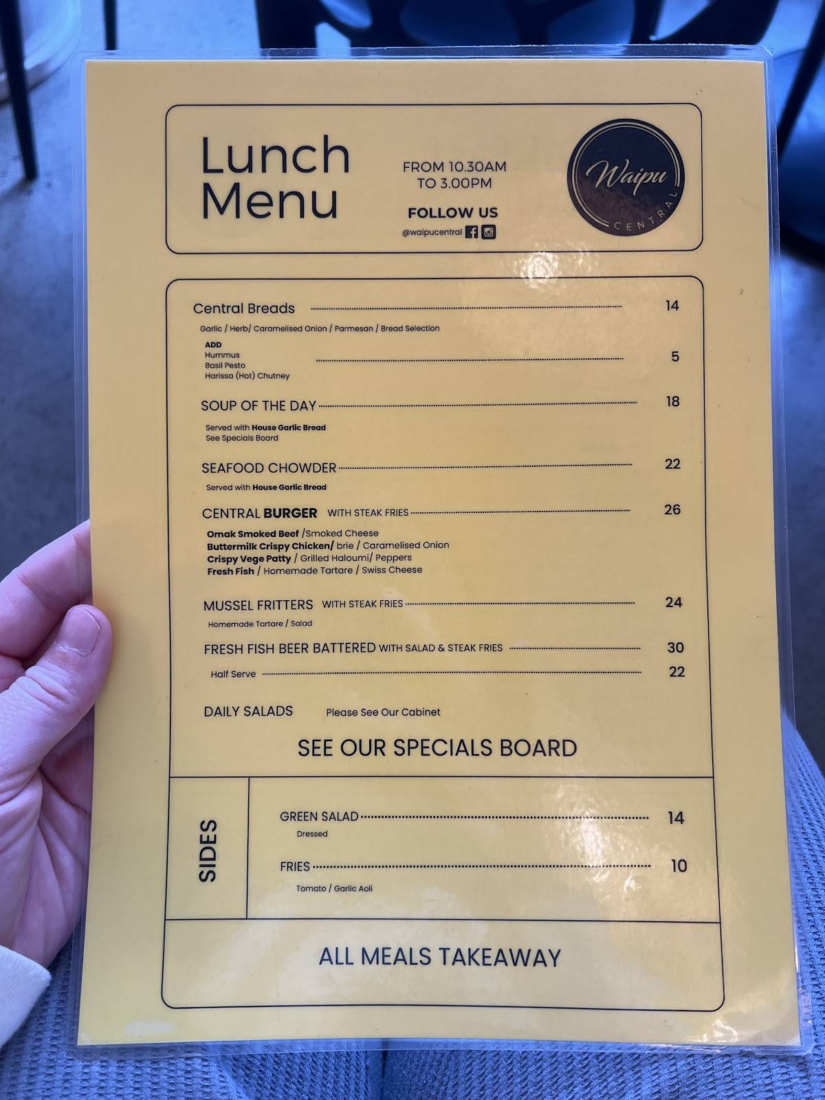 Menu at Waipu Central cafe, Waipu, 1 The Centre