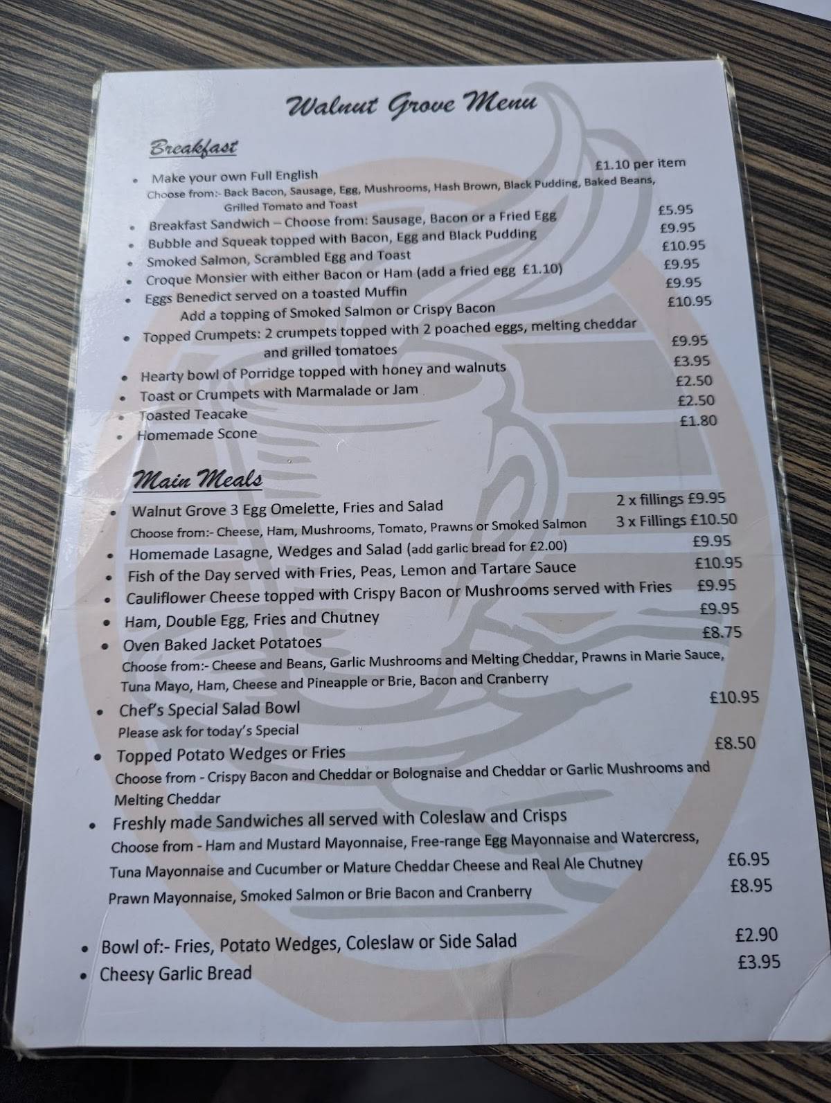 Menu at Walnut Grove cafe, Dorchester