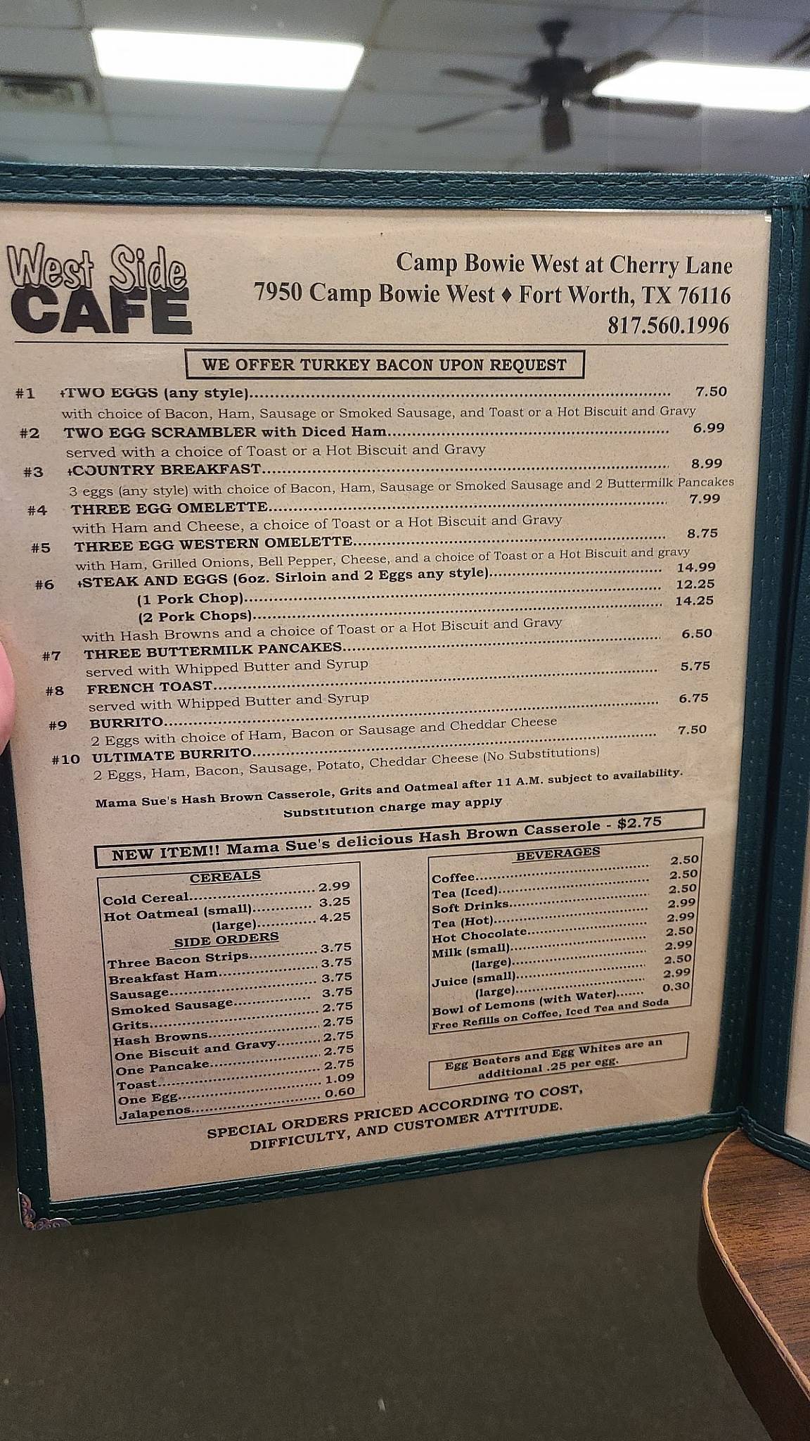 Menu at West Side Cafe, Fort Worth