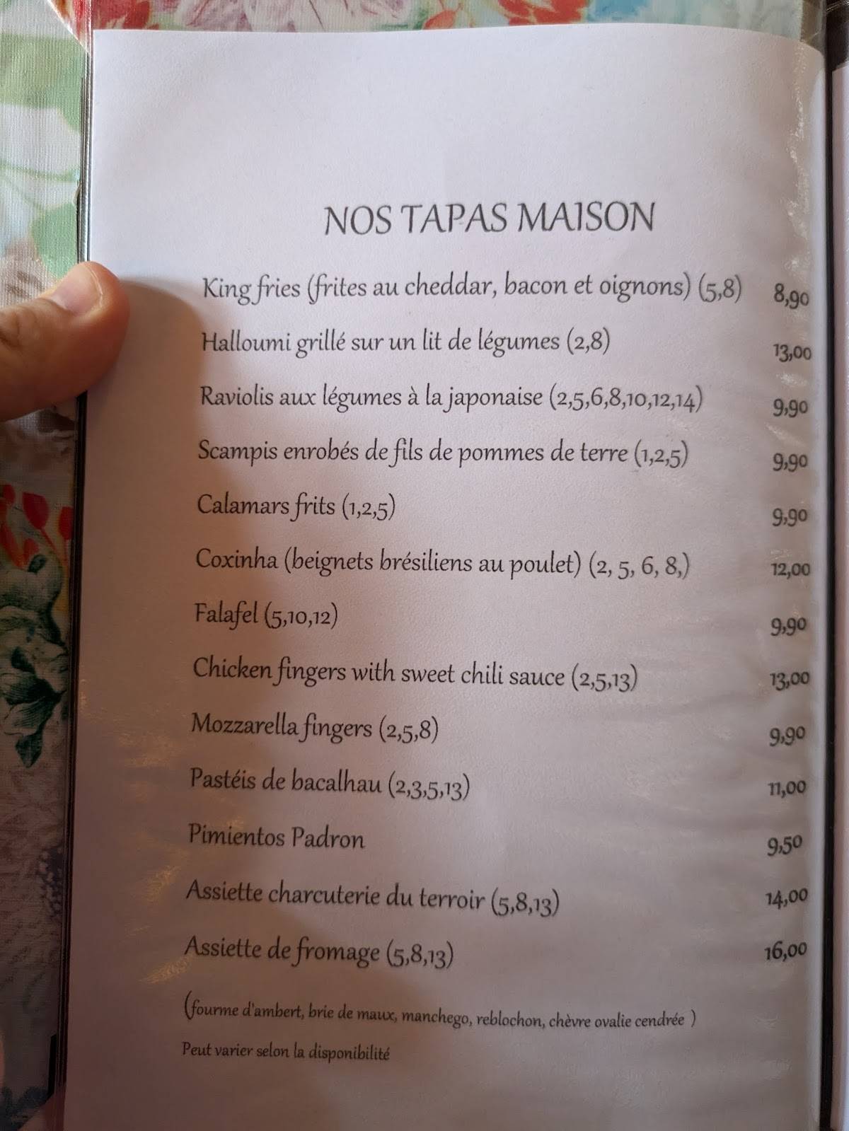 Menu at Café littéraire Le Bovary, Luxembourg City