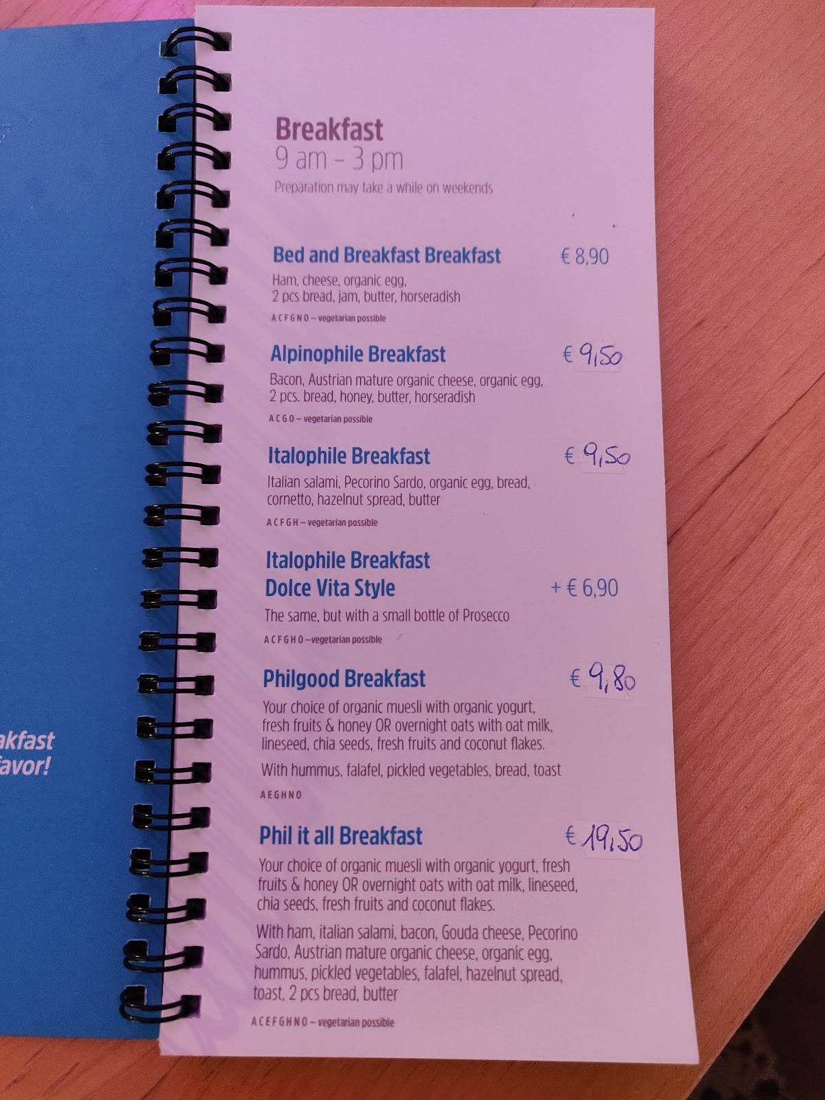 Menu at phil cafe, Vienna