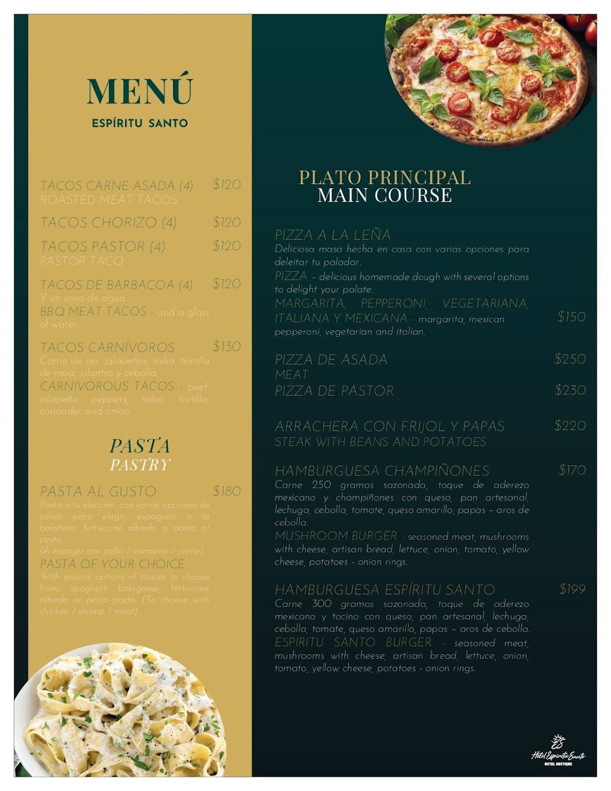 Menu at Espíritu Santo restaurant, La Paz