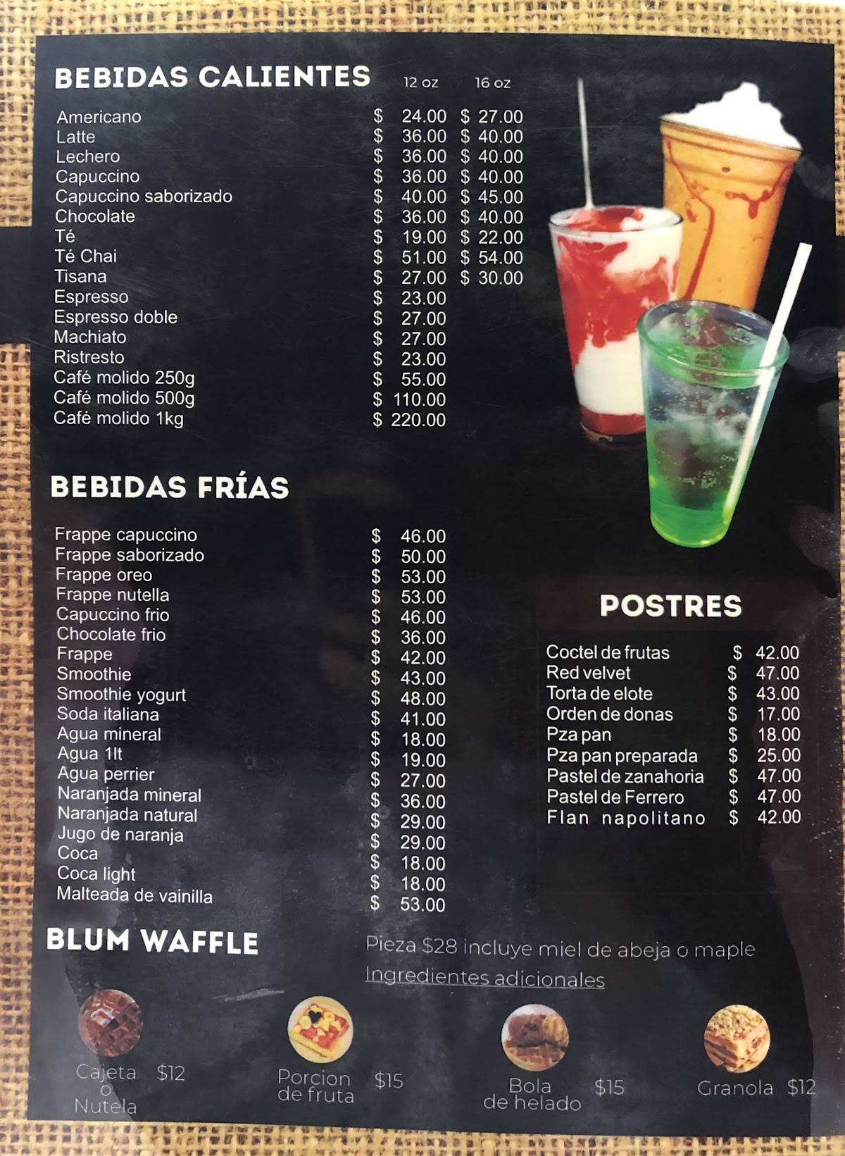 Carta de cafetería Blum Coffee, Veracruz, Av. Salvador Díaz Mirón 2348