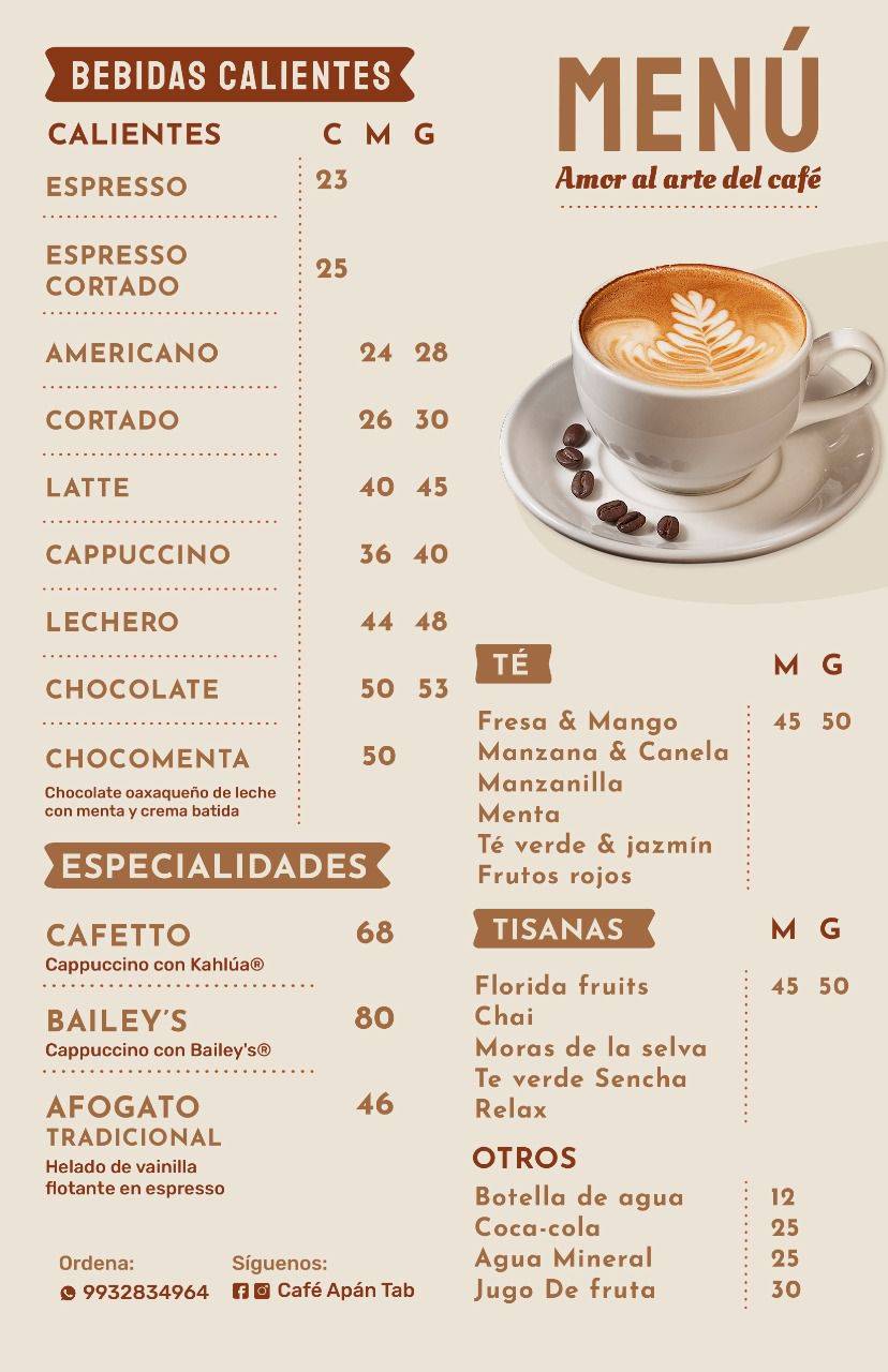 Menu at Cafe Apan tab, Villahermosa