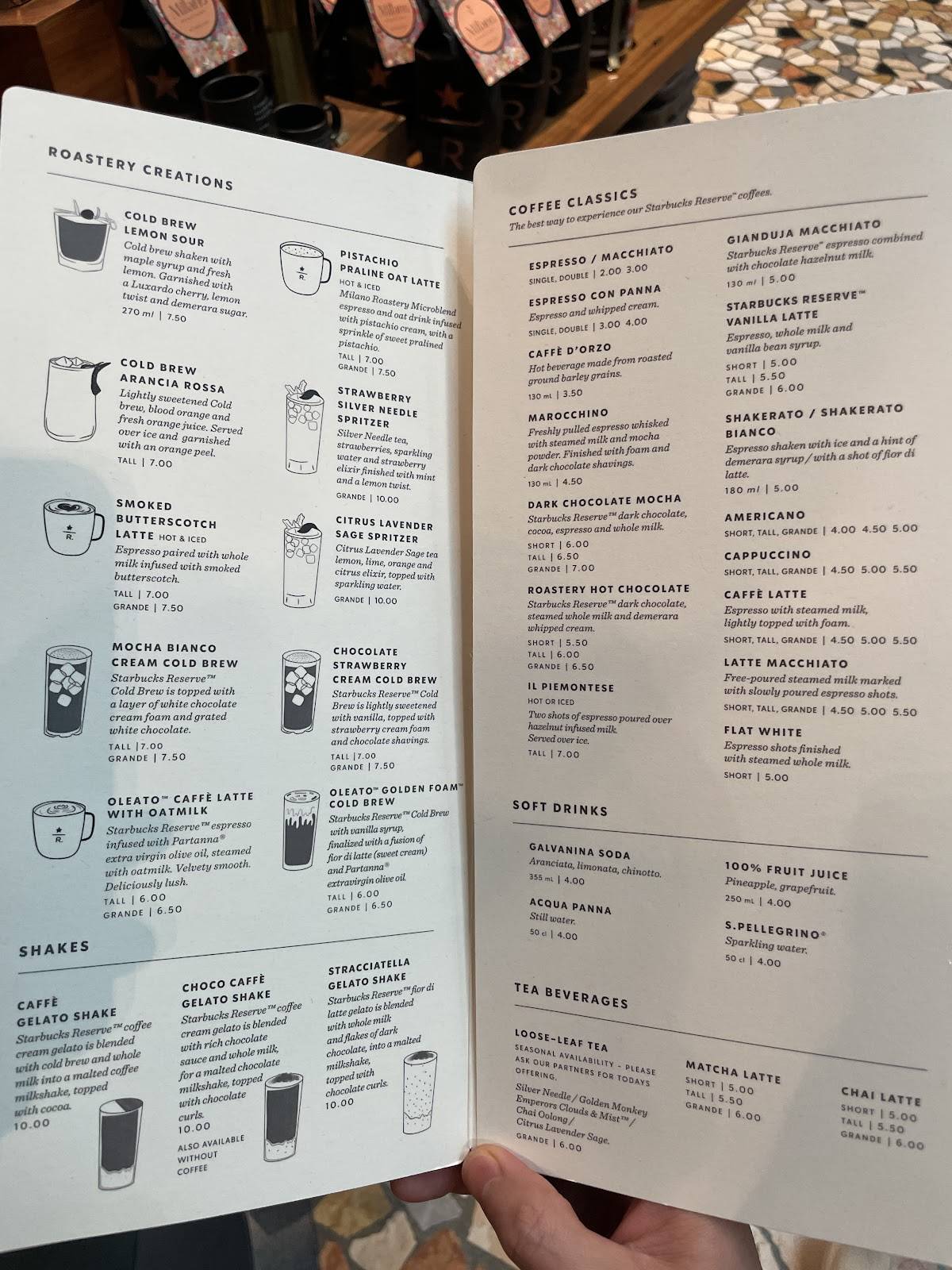 Menu at Starbucks Reserve Roastery cafeteria, Milan, P.za Cordusio